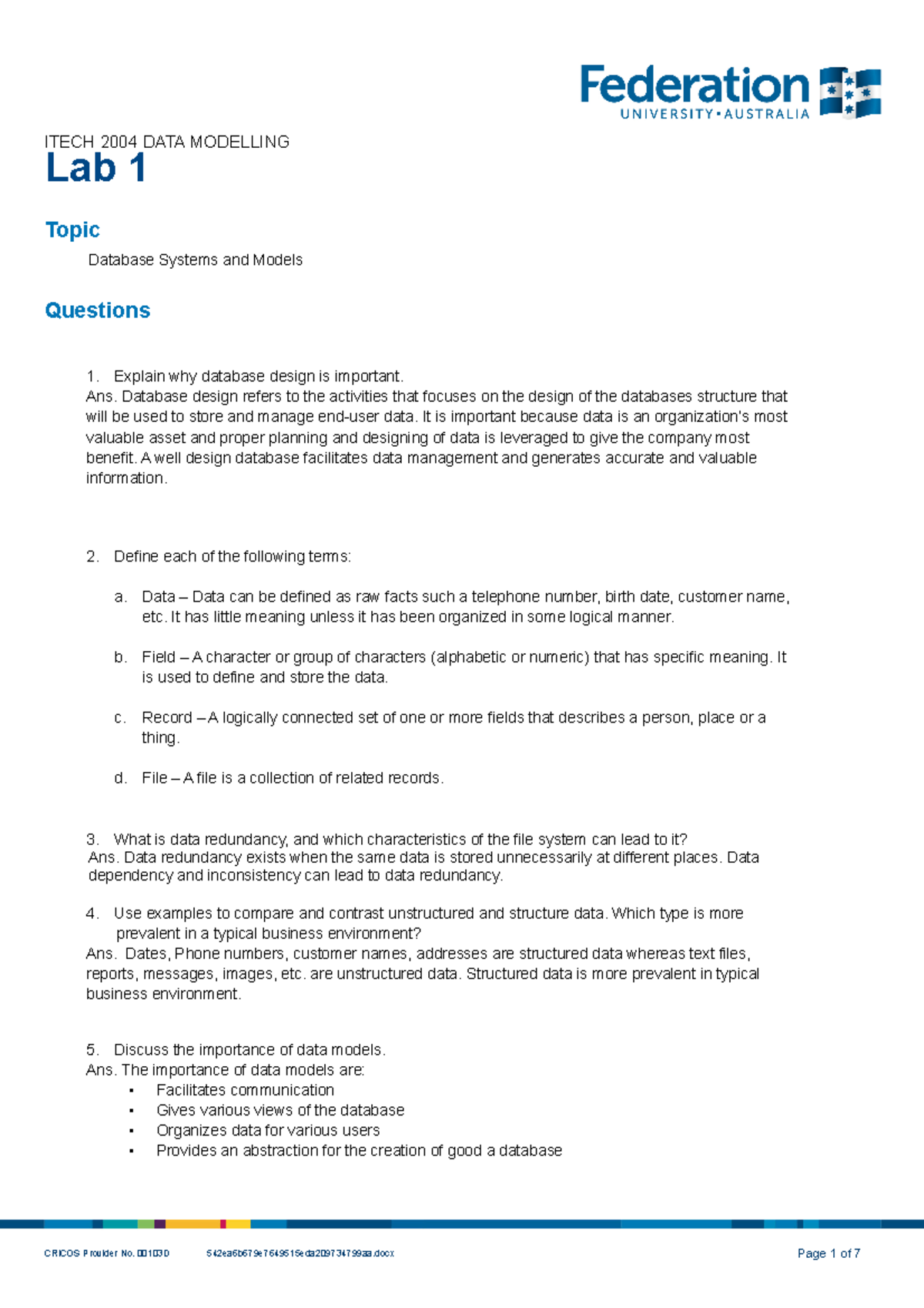 Itech 2004 01 Lab Lab Work Itech 2004 Data Modelling Lab 1 Topic Database Systems And Models