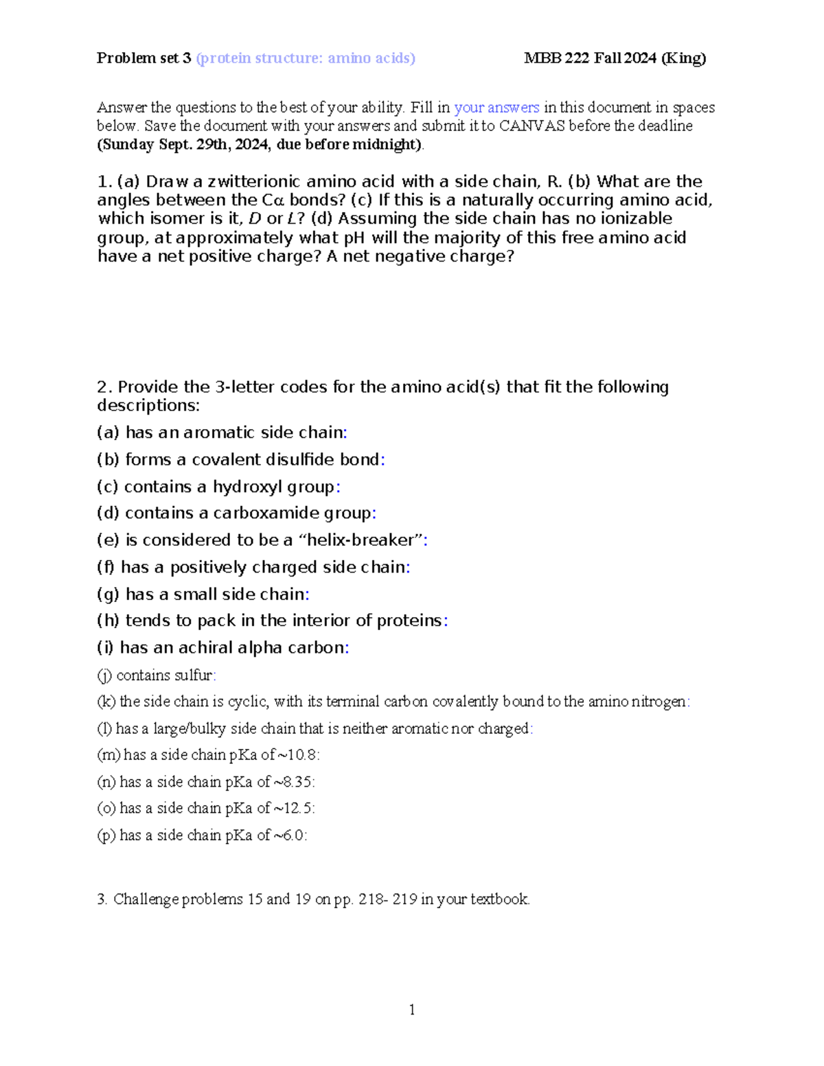 3 - Practice problem set - Problem set 3 (protein structure: amino ...