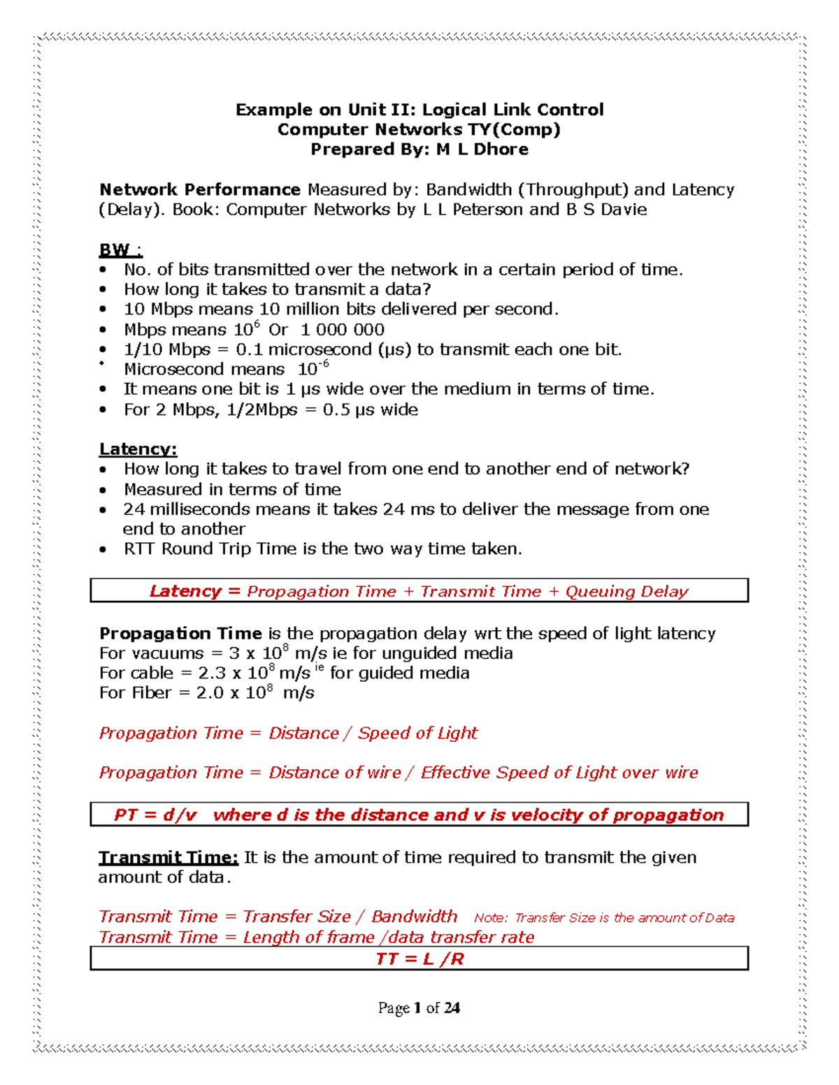MLD Unit II LLC Numericals 2023 24 - Example on Unit II: Logical Link ...