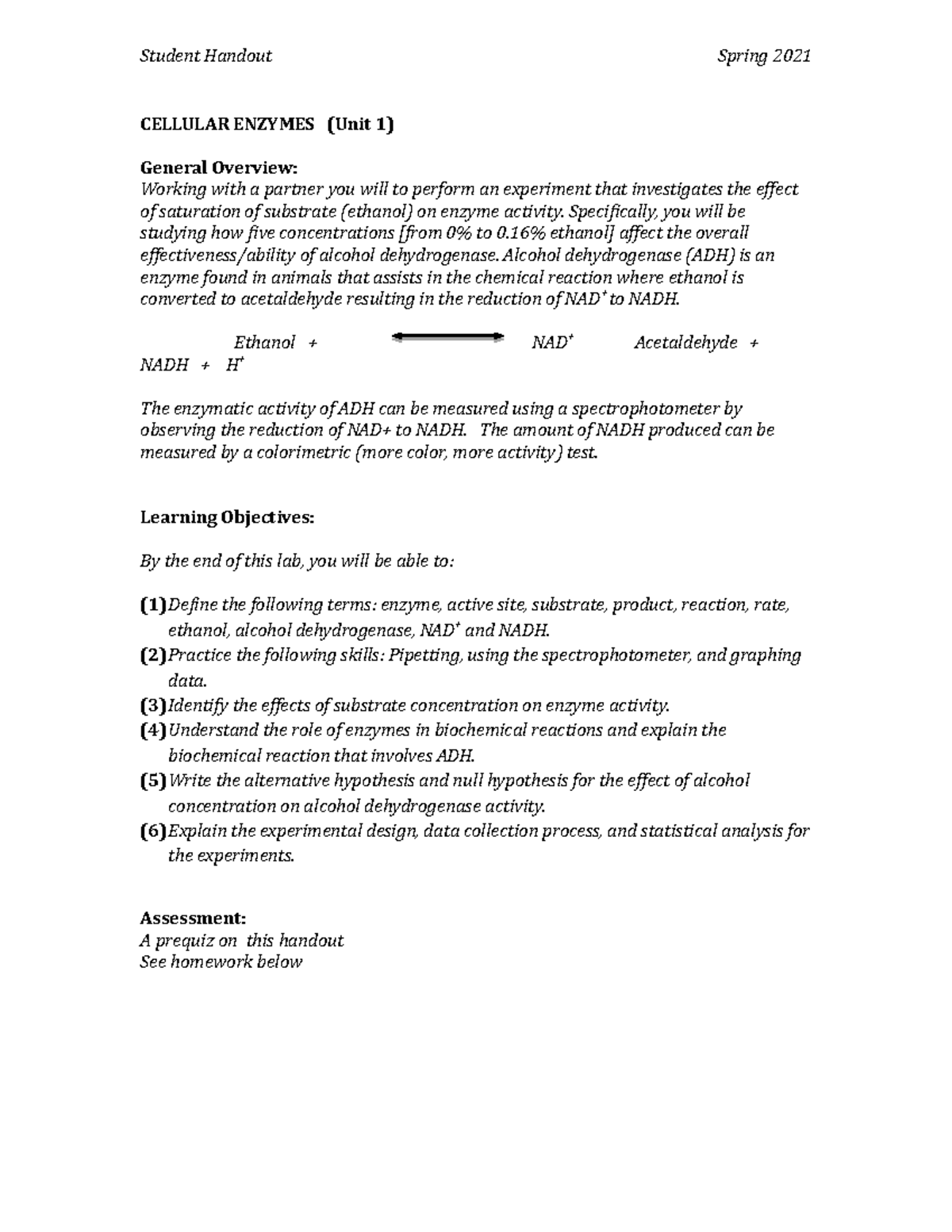 Unit1 Enzymes SP21 Student - CELLULAR ENZYMES (Unit 1) General Overview ...
