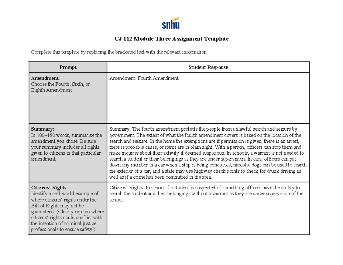 CJ 112 Module Three Assignment - Prompt Student Response Amendment: Choose the Fourth, Sixth, or ...