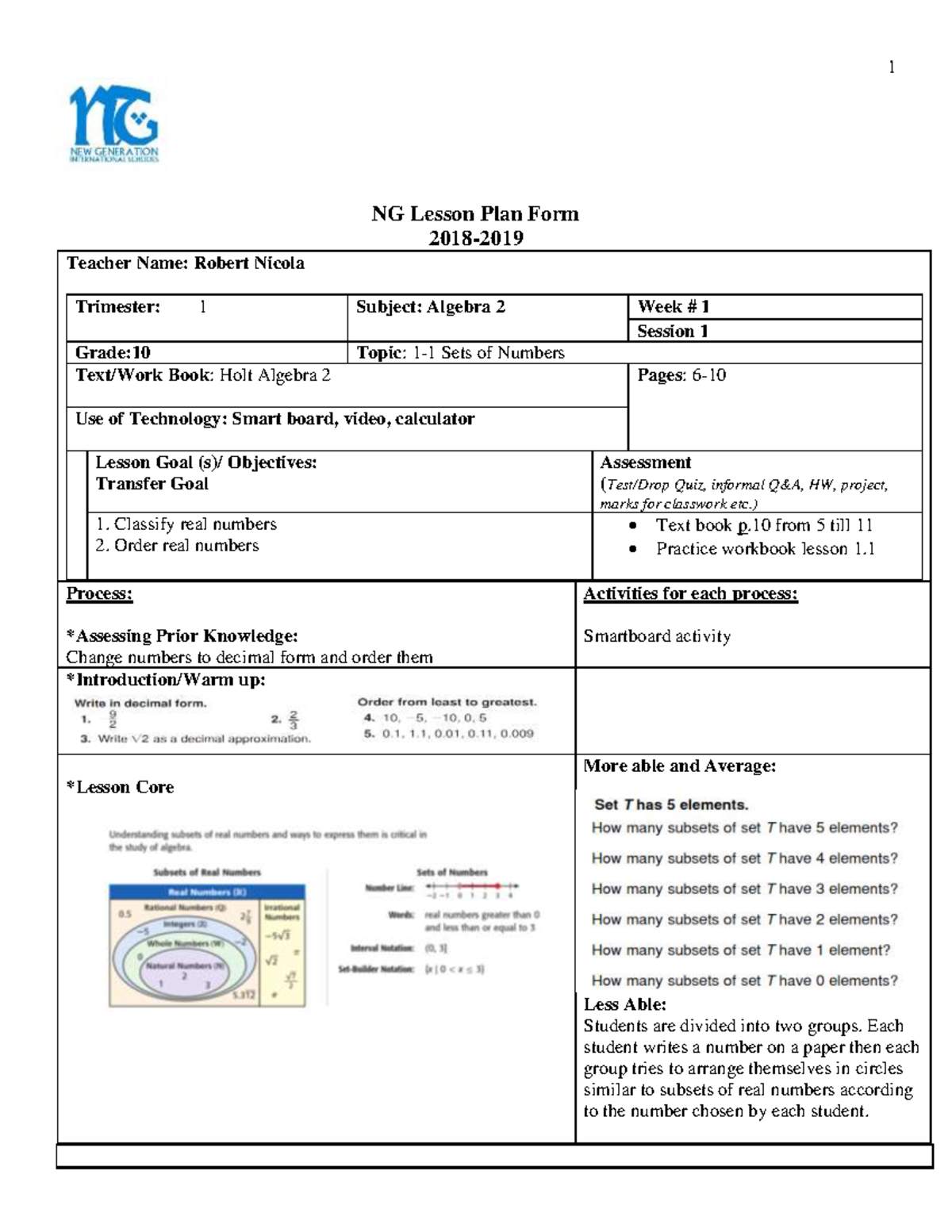 025231833 - Linear Algebra - 1 NG Lesson Plan Form 2018- Teacher Name ...