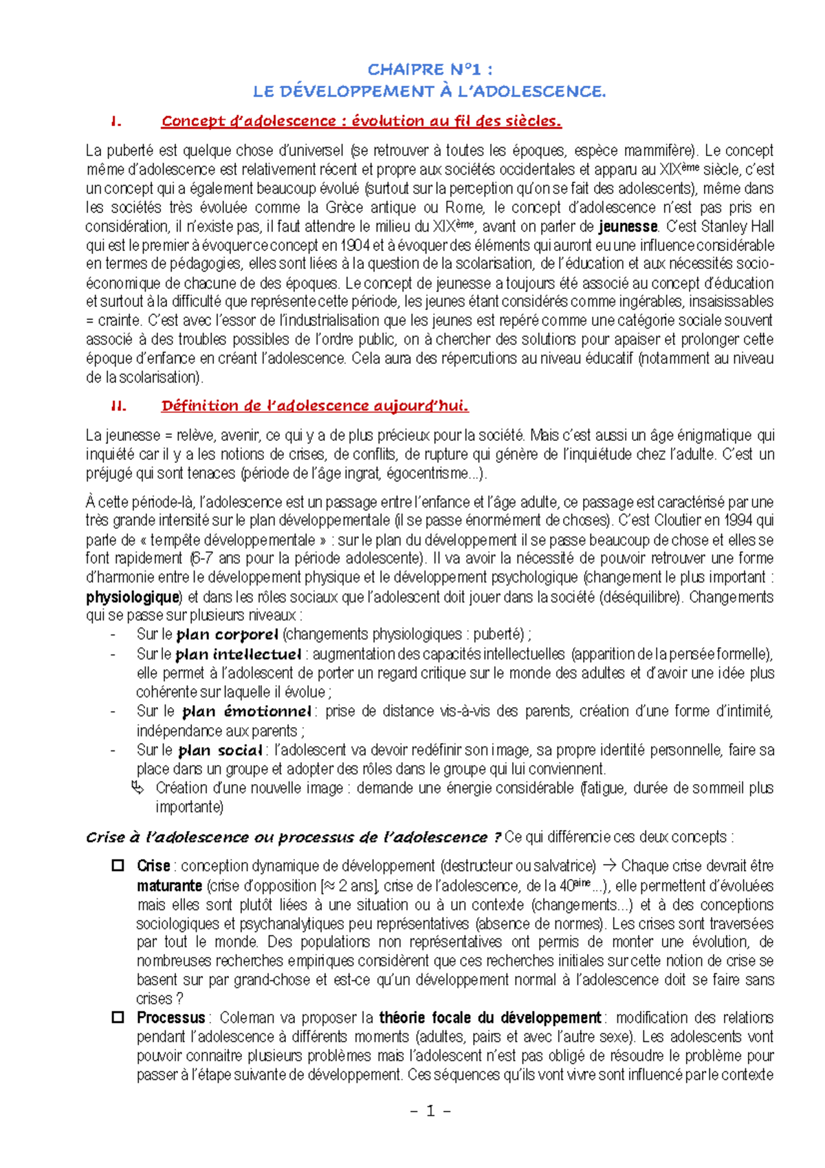 Chapitre n°1 - Le développement à l’adolescence - CHAIPRE N∞1 : LE D ...