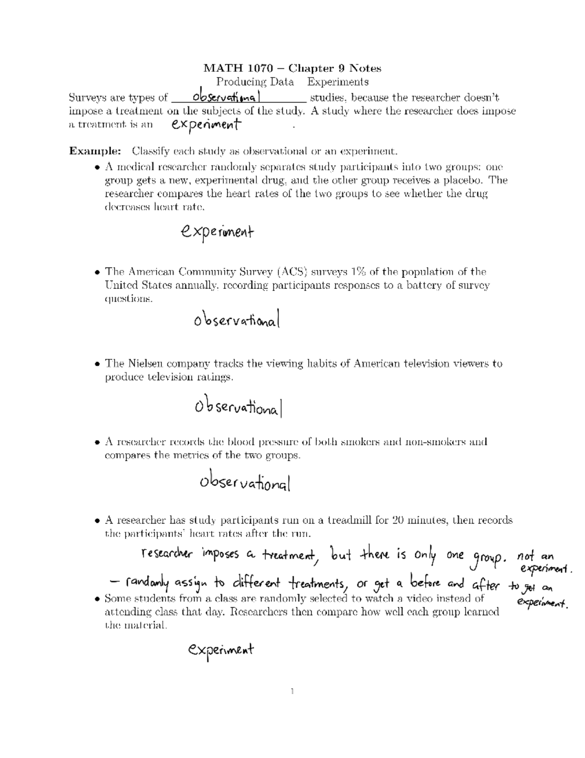 Chapter 9-Complete - stats - MATH 1070 Chapter 9 Notes Producing Data ...