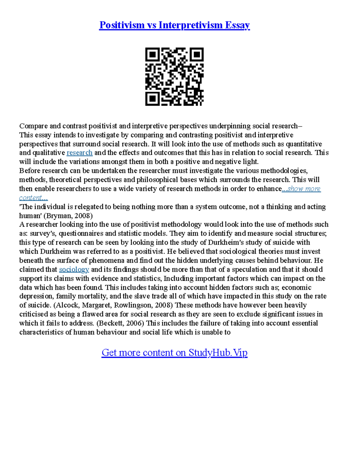 Interpretive Essay Outline - Positivism vs Interpretivism Essay Compare ...
