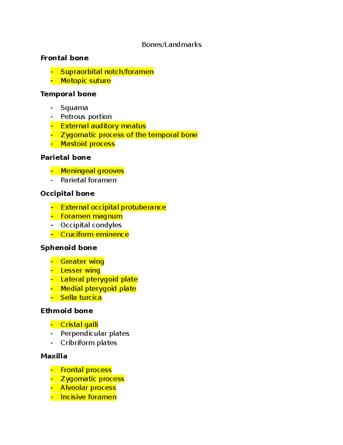 Bones & Landmarks - skull - Bones/Landmarks Frontal bone Supraorbital ...