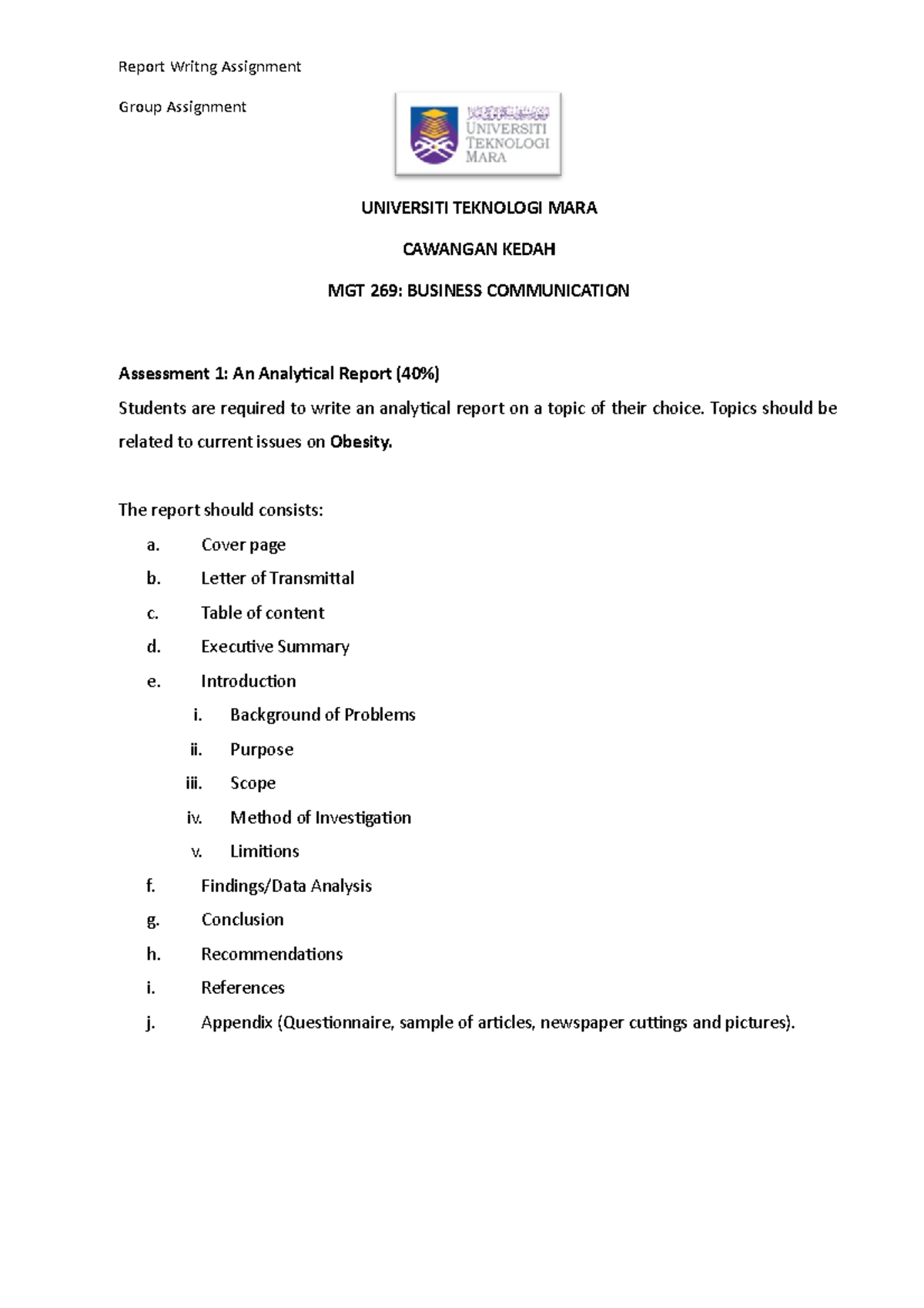 Group Assignment 1 Analytical Report MGT269 - Report Writng Assignment ...