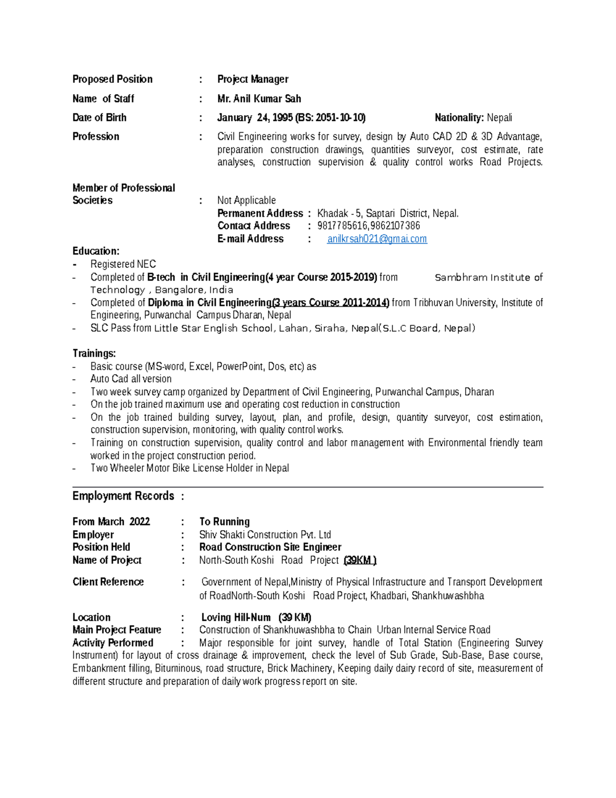 Anil Kumar Sah cv - I love book - Proposed Position : Project Manager ...