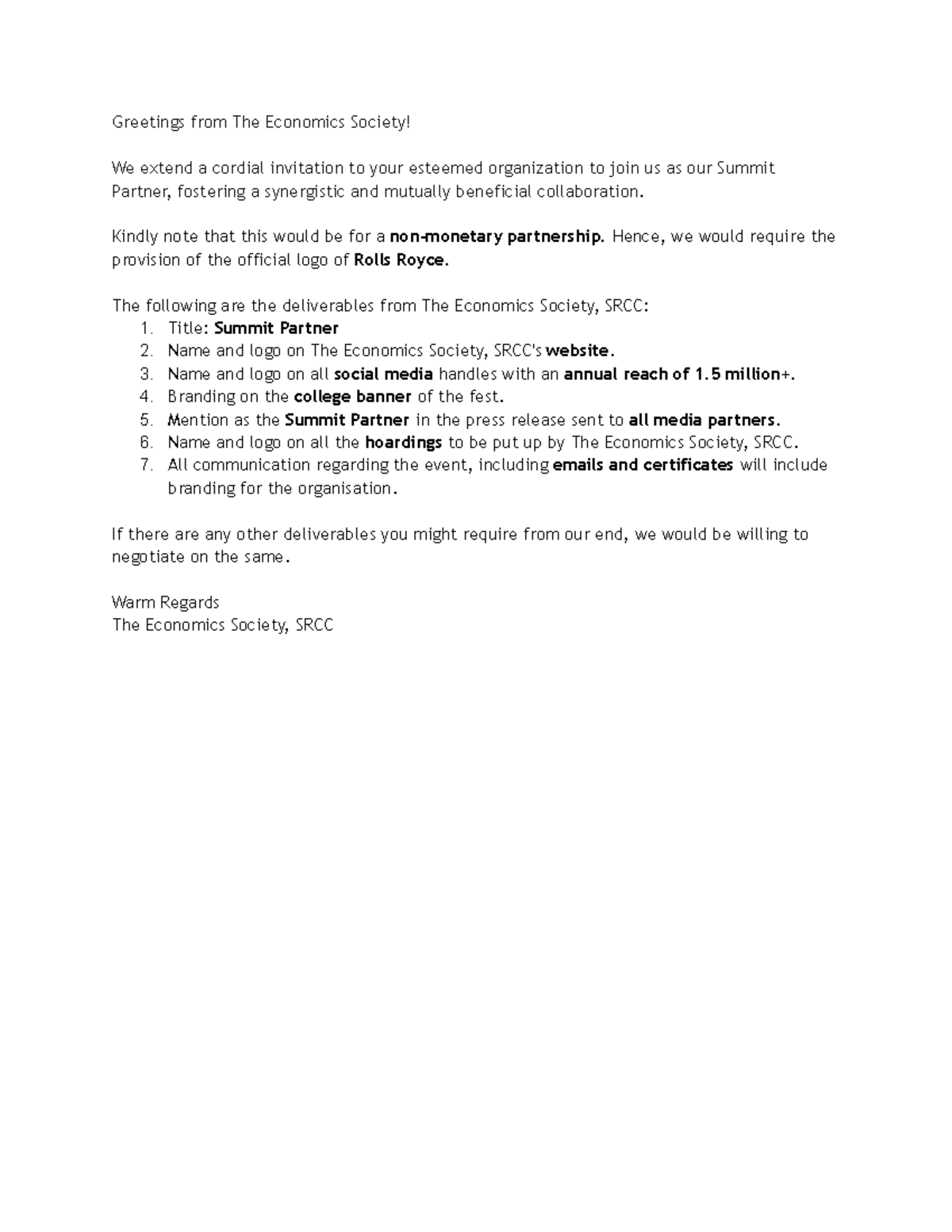 Invitation II Summit Partner - Greetings from The Economics Society! We ...