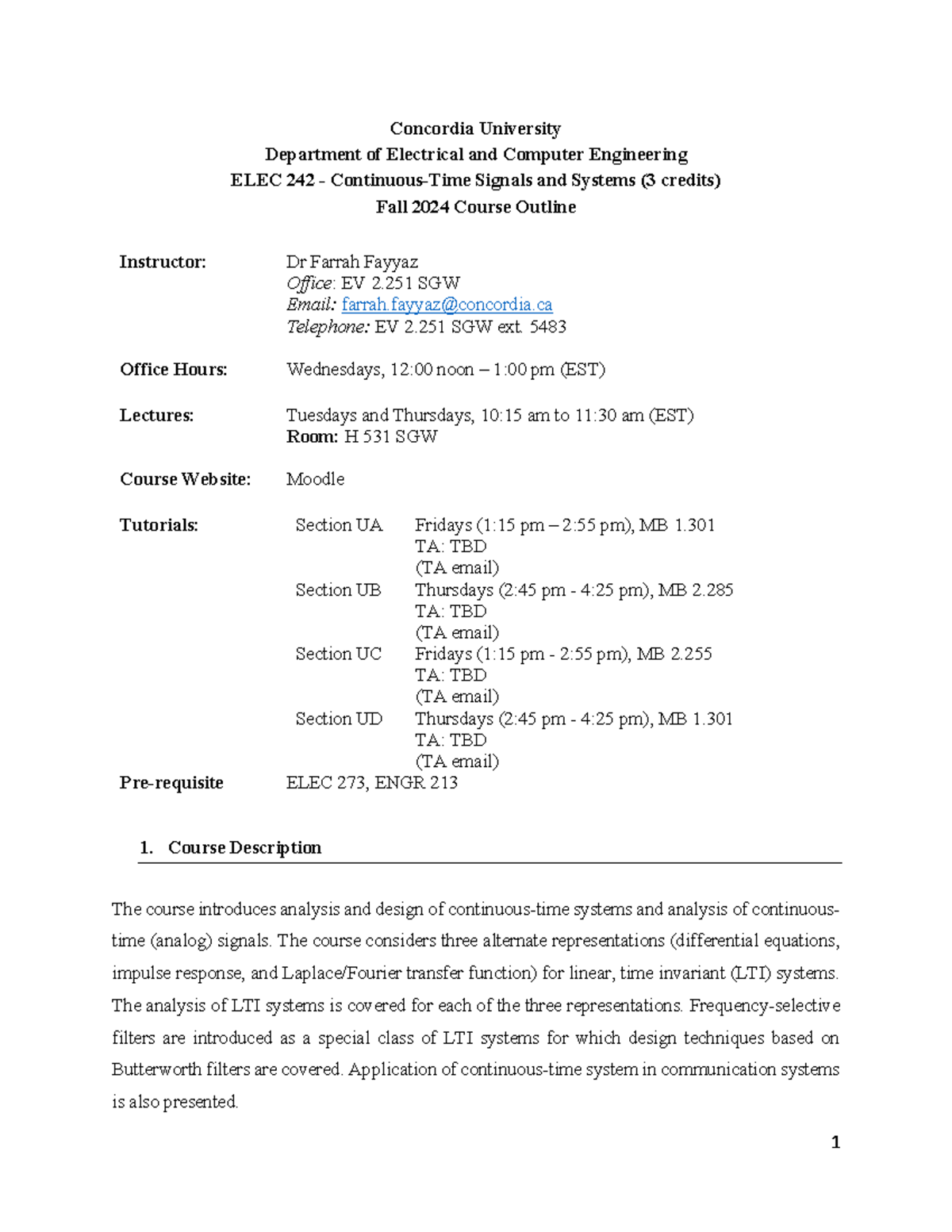 Course Outline ELEC242 F24 v1 - Concordia University Department of ...