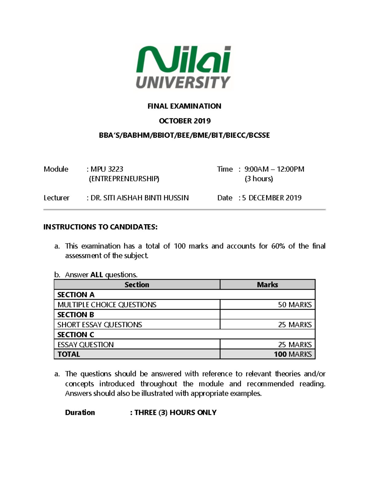 MPU3223 OCT 19 - Final exam - FINAL EXAMINATION OCTOBER 2019 - Studocu