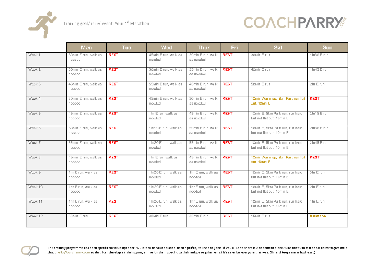 5 day a week Marathon Programme - This training programme has been ...