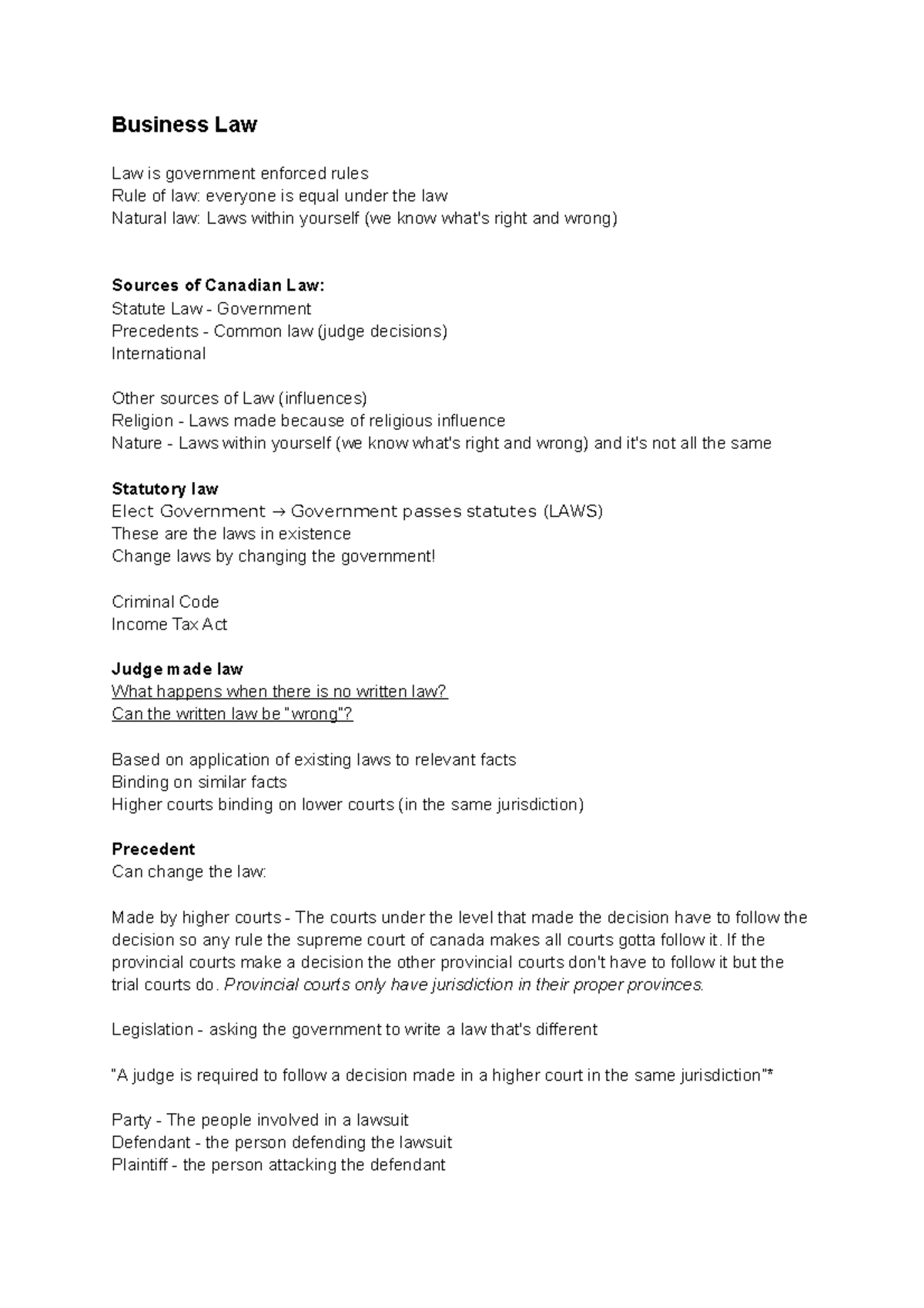 Business Law - First Lecture notes - Business Law Law is government ...