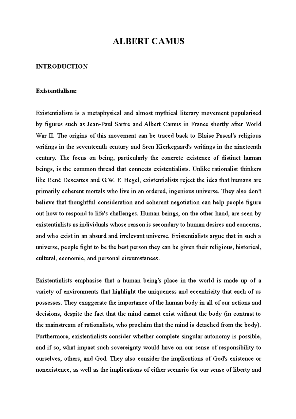 Albert Camus - Lecture notes 12 - ALBERT CAMUS INTRODUCTION ...