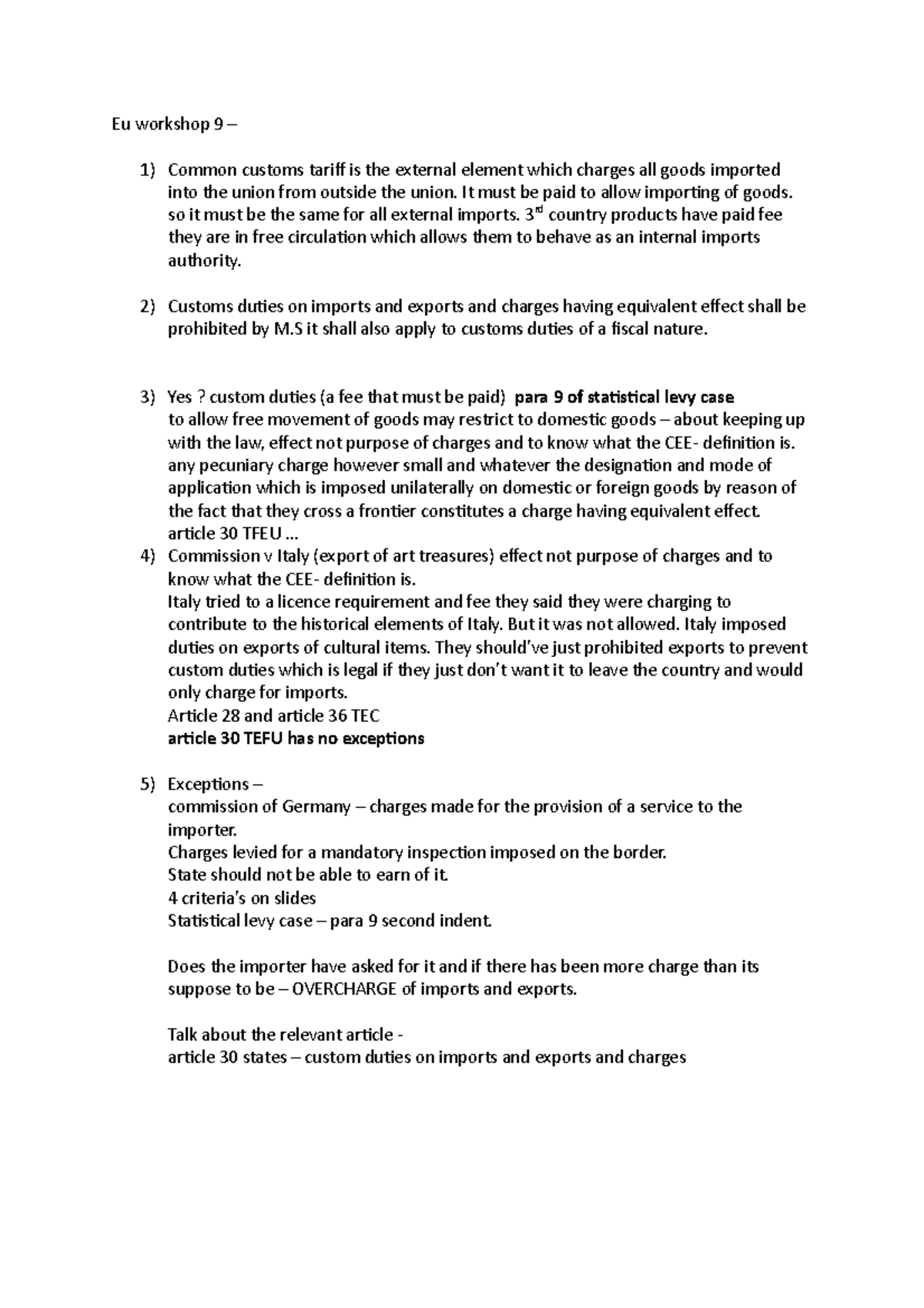 Eu workshop 9 notes - Eu workshop 9 – Common customs tarif is the ...