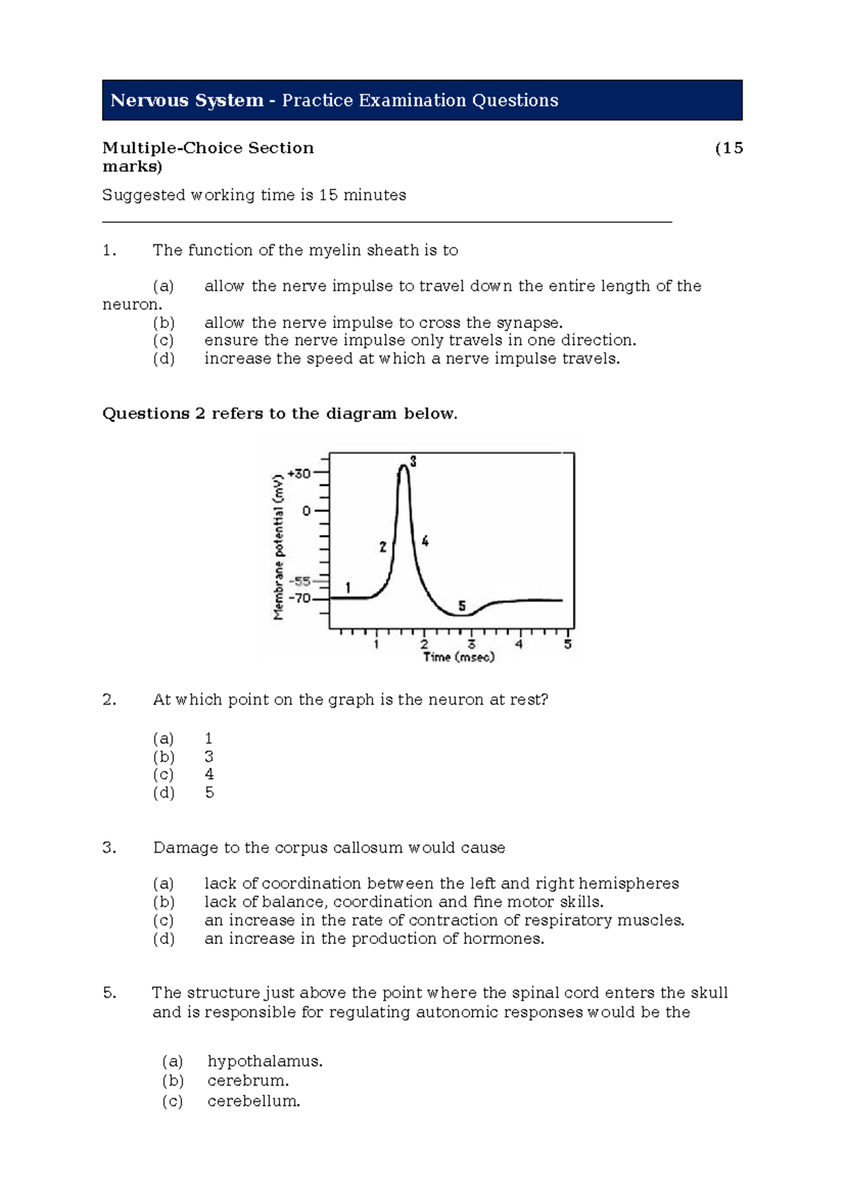 Nervous System - Practice Qus - Nervous System - Practice Examination ...