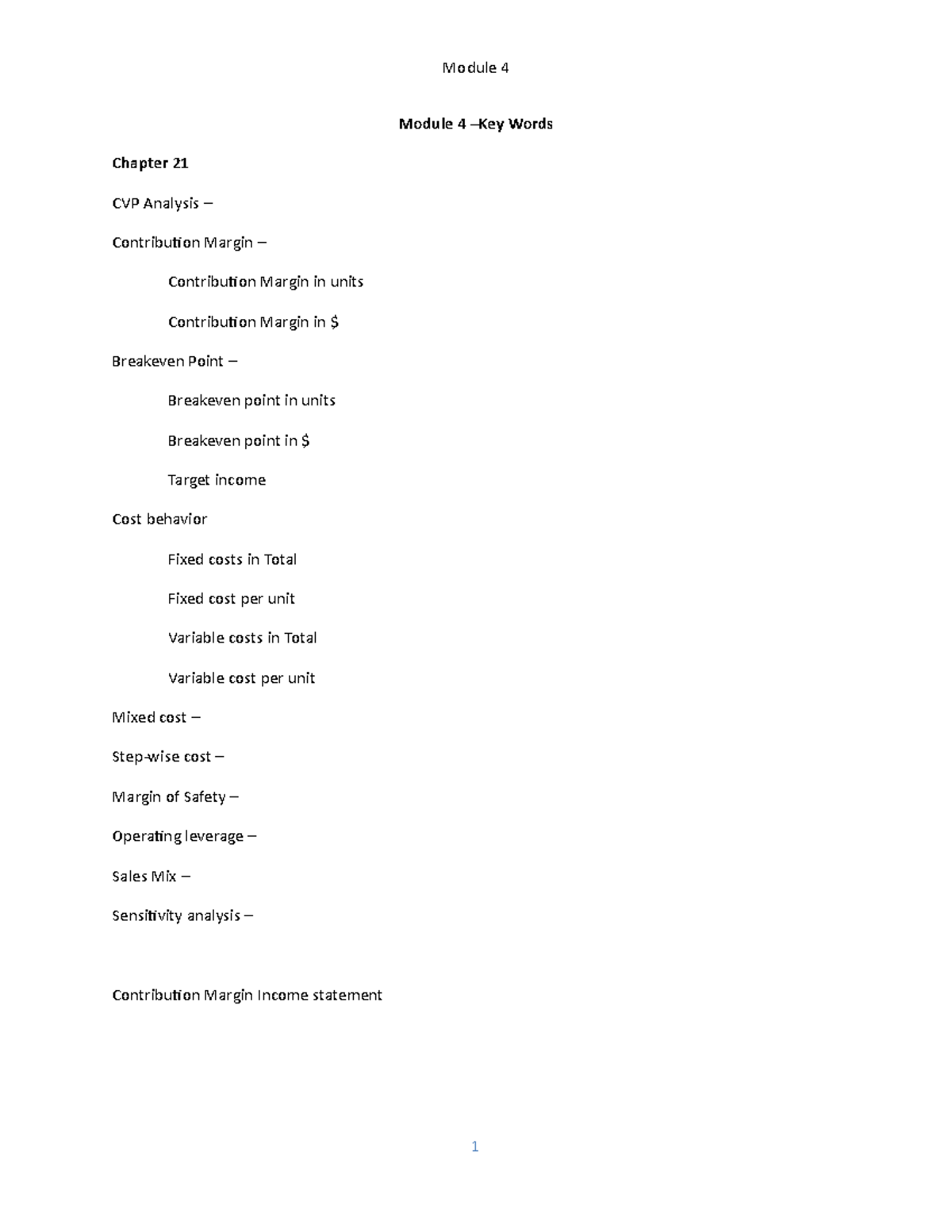 Module 4 In Class Packet - Module 4 –Key Words Chapter 21 CVP Analysis ...