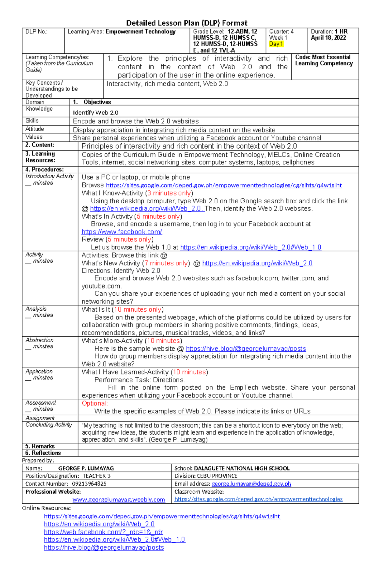 Emp Tech Q4W1Day1DLP for CO 2022prepared on 04 - Detailed Lesson Plan ...