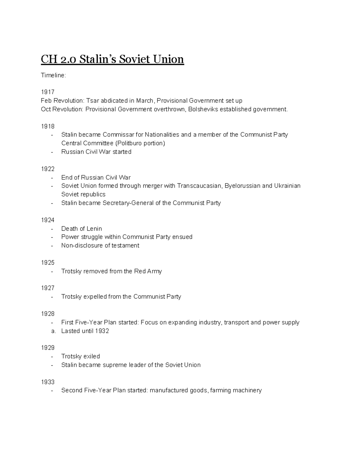CH2 Stalin s Soviet Union - CH 2 Stalin’s Soviet Union Timeline: 1917 ...
