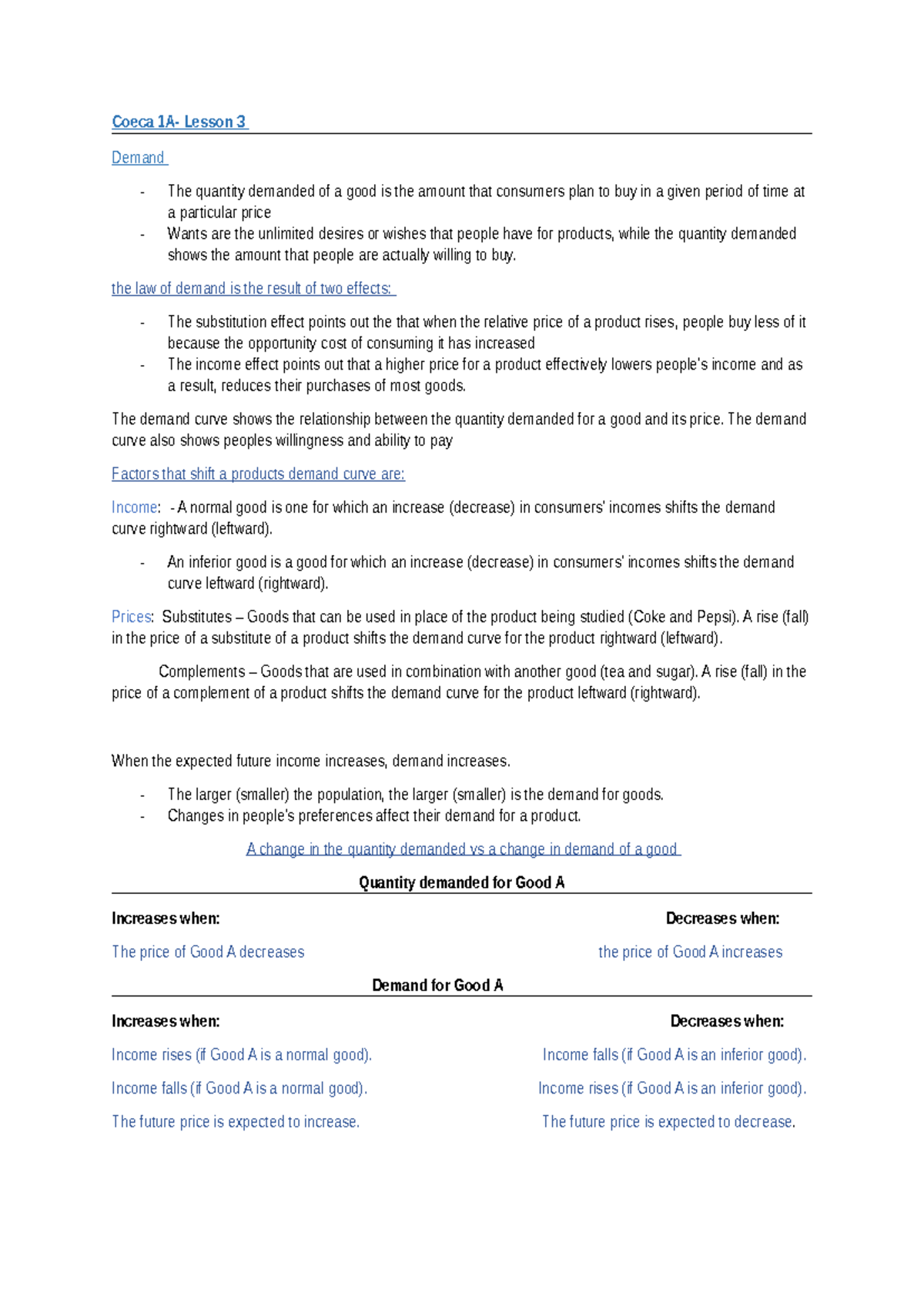 Coeca 1A lesson 3 - Coeca 1A- Lesson 3 Demand - The quantity demanded ...