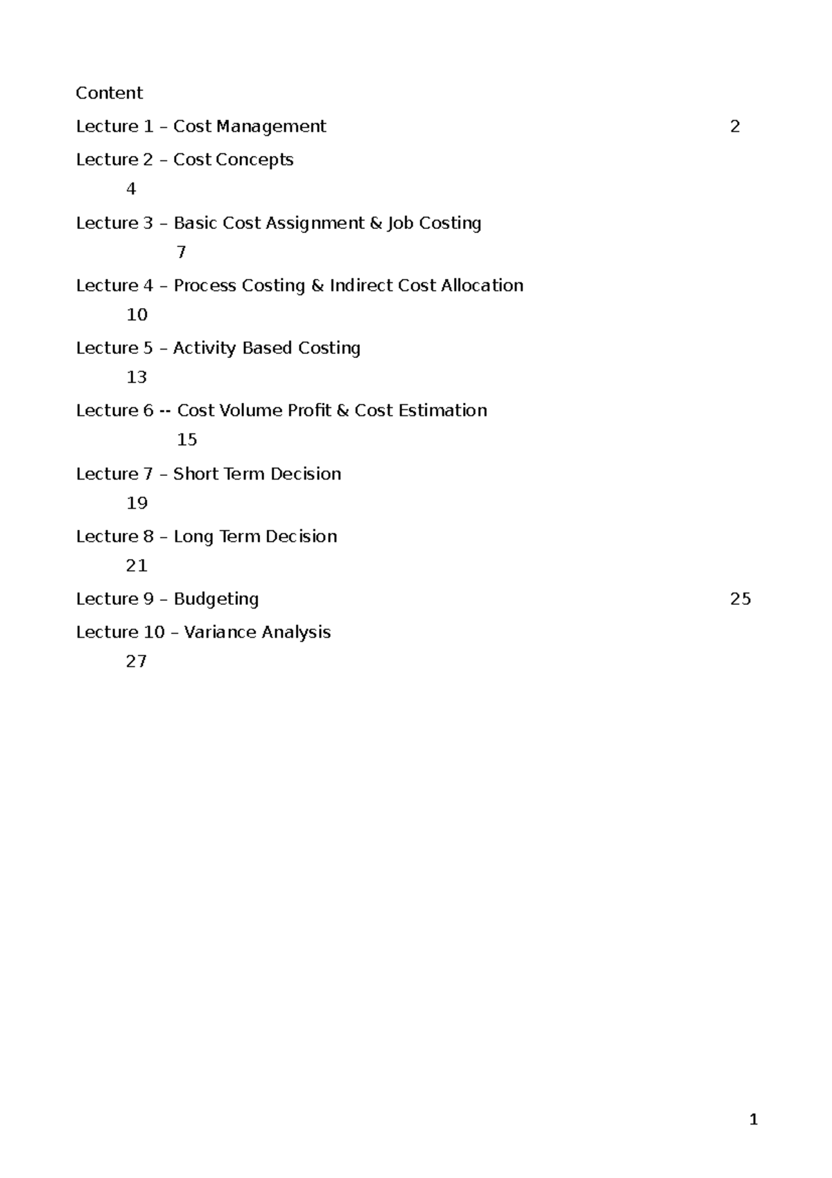 CM notes - summaries for exam revision - Content Lecture 1 – Cost ...