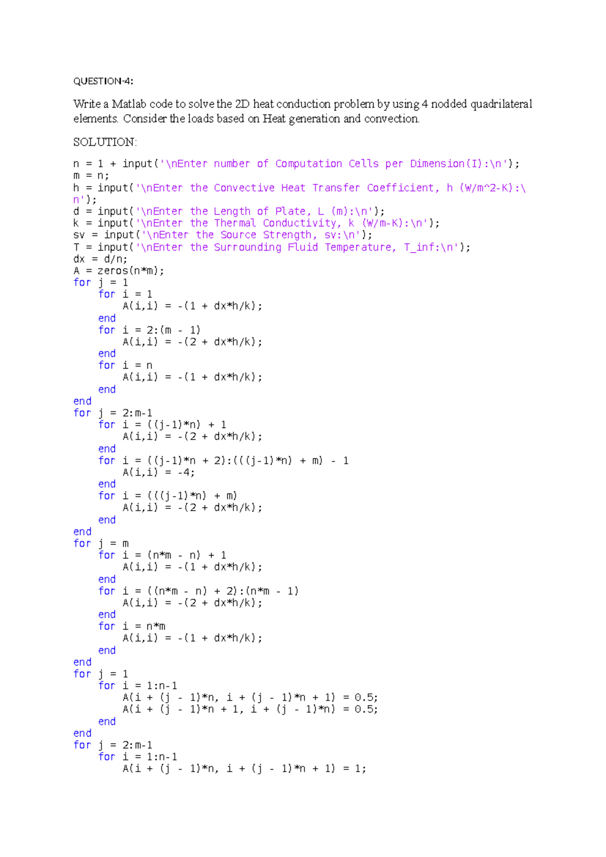 MA - dsa,m,amsdas, - QUESTION-4: Write a Matlab code to solve the 2D ...