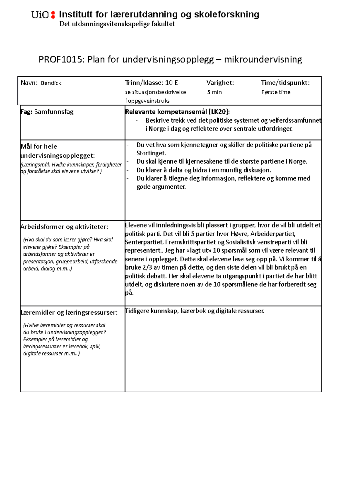 Plan-for-undervisningsopplegg mikroundervisning - Institutt for lærerutdanning og skoleforskning ...
