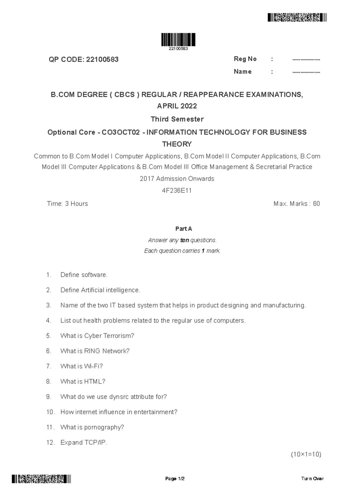 22100583 - Good - QP CODE: 22100583 Reg No : ..................... Name