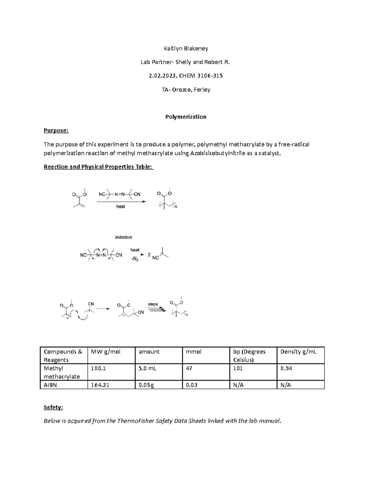 Ochem II Lab Report Experiment 2 - Kaitlyn Blakeney Lab Partner- Shelly ...