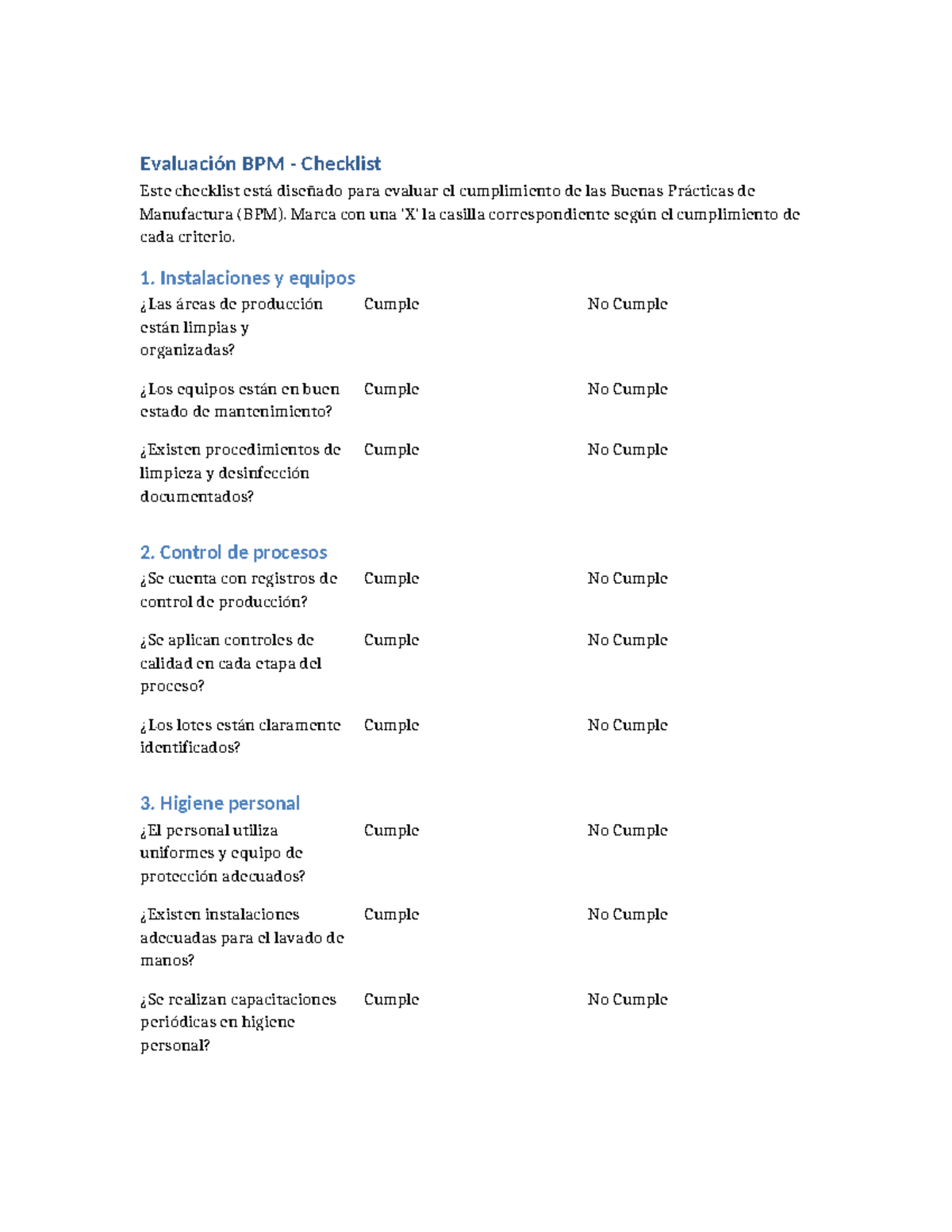 Evaluacion BPM Checklist - Evaluación BPM - Checklist Este checklist ...