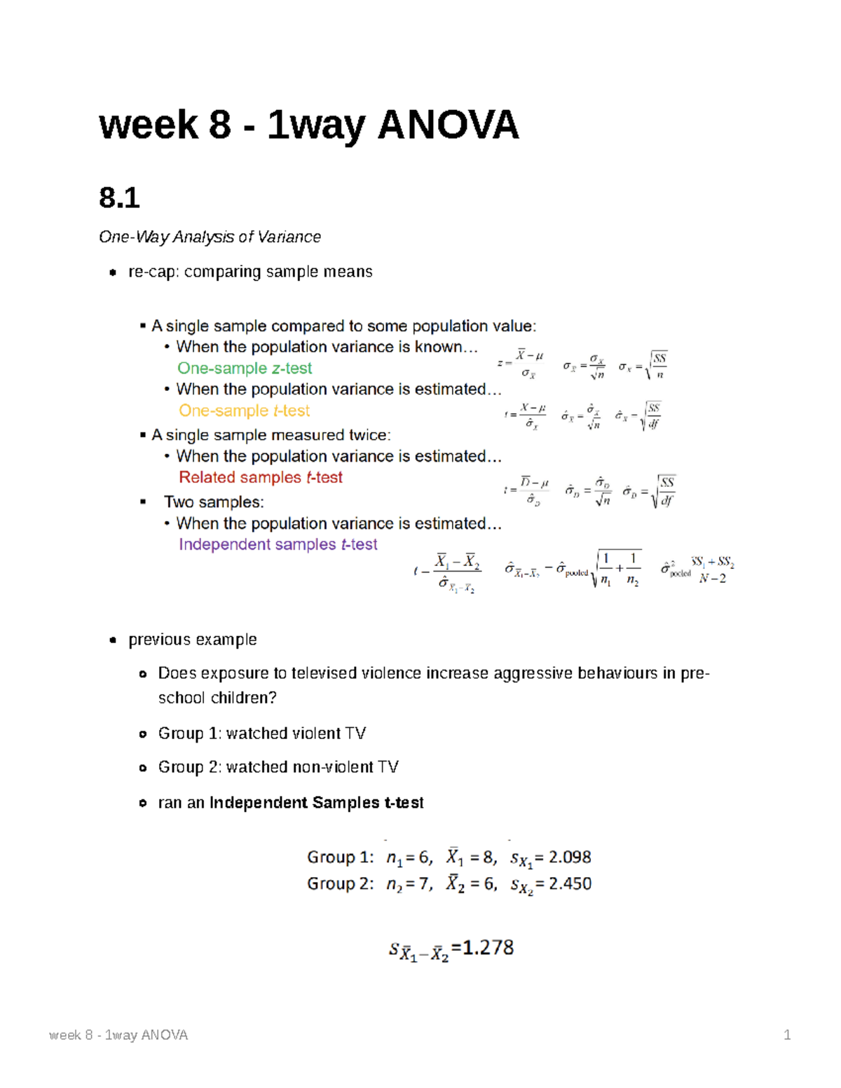 W8) 1way Anova - Week 8 psychology statistics lecture notes. - week 8 ...