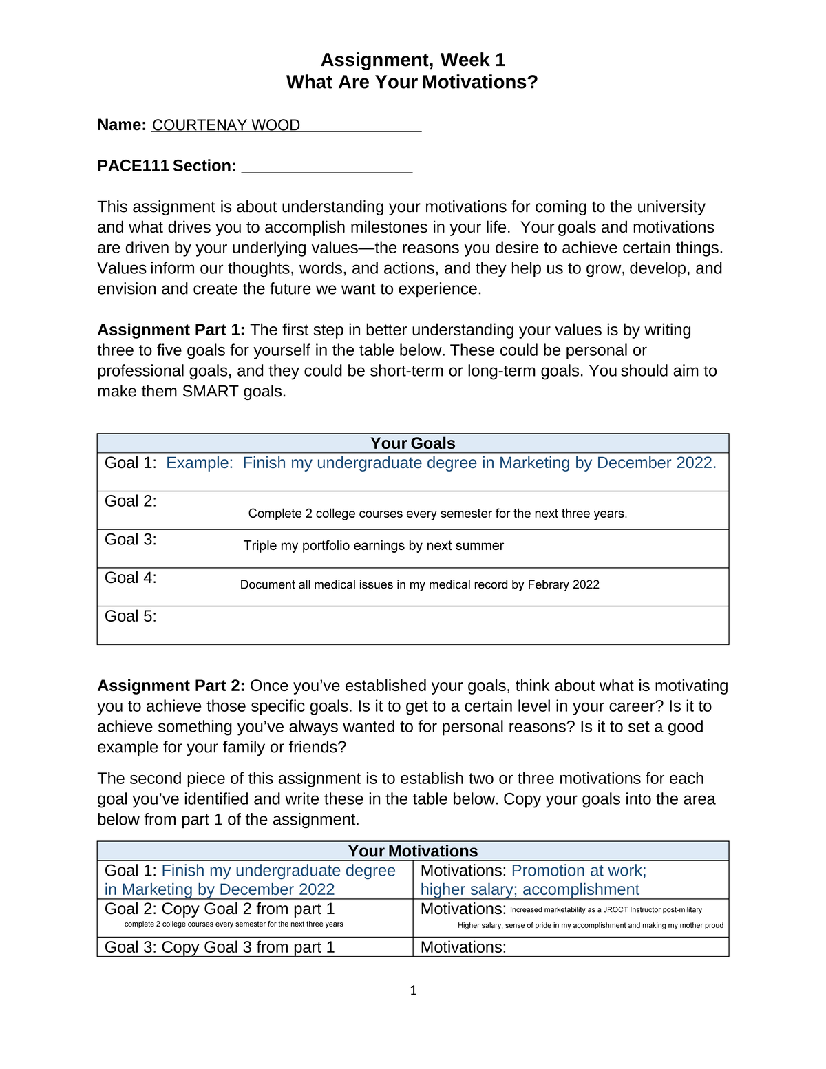 WEEK 1 Assignment - Assignment, Week 1 What Are Your Motivations? Name ...