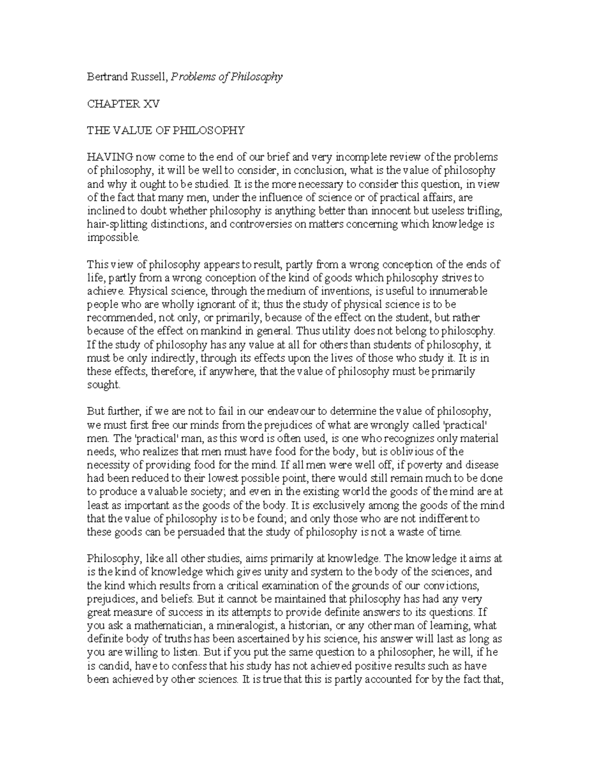 The Value of Philosophy- Russell - Bertrand Russell, Problems of ...