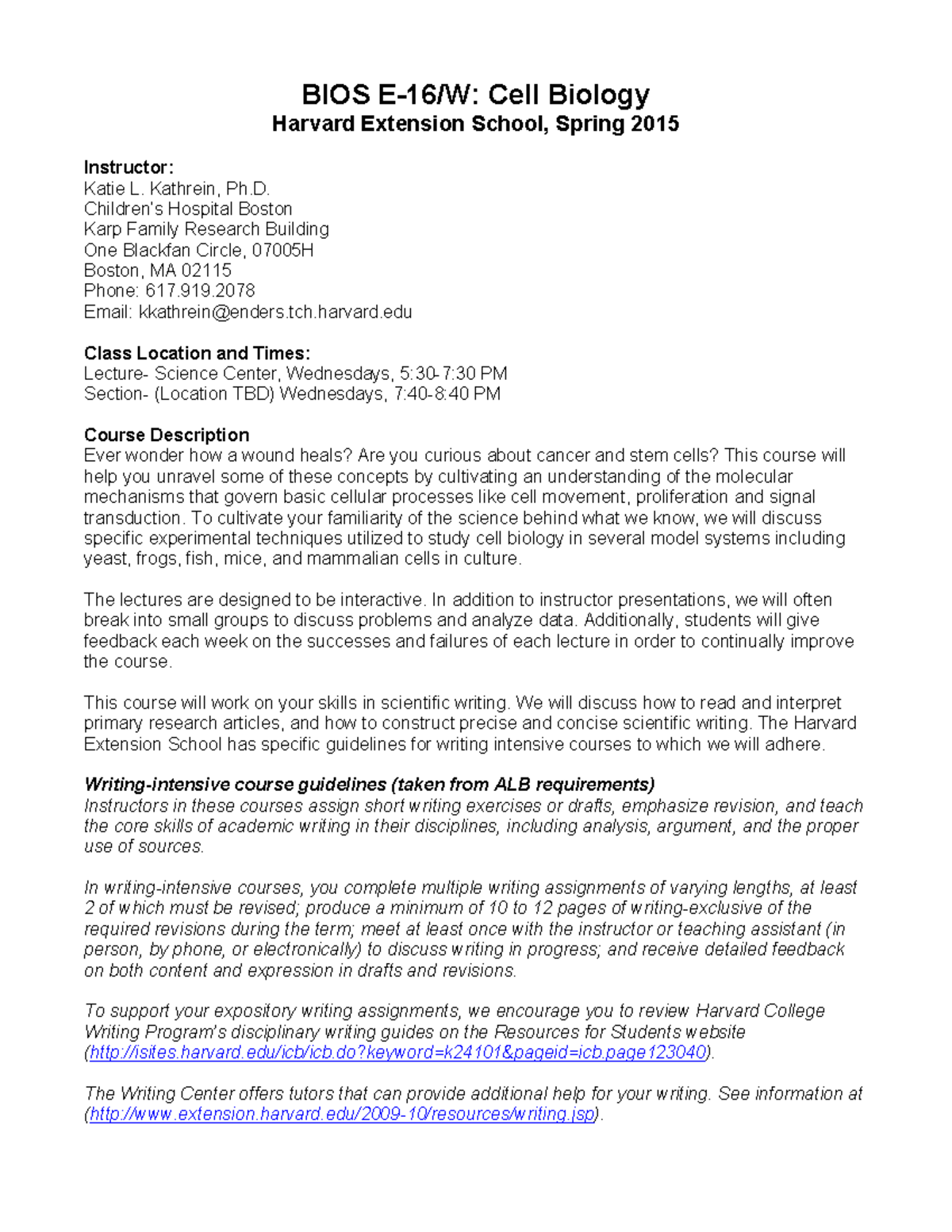 E16w syllabus 2015 - BIOS E-16/W: Cell Biology Harvard Extension School ...