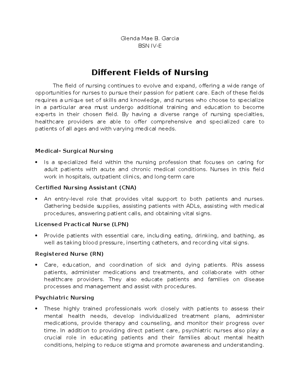 Field-of-nursing - Different Fields - Glenda Mae B. Garcia BSN IV-E ...