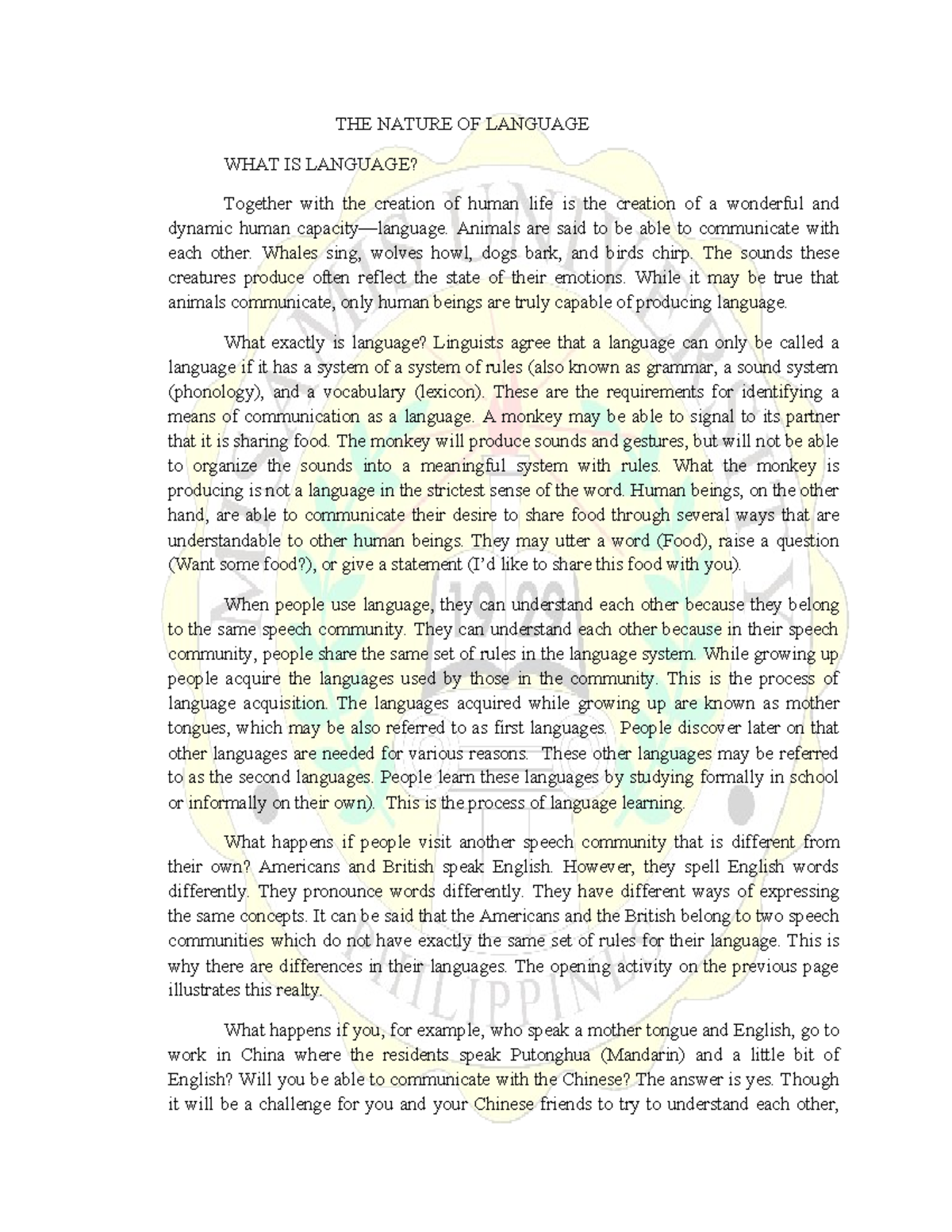 1.1 The Nature of Language - THE NATURE OF LANGUAGE WHAT IS LANGUAGE ...