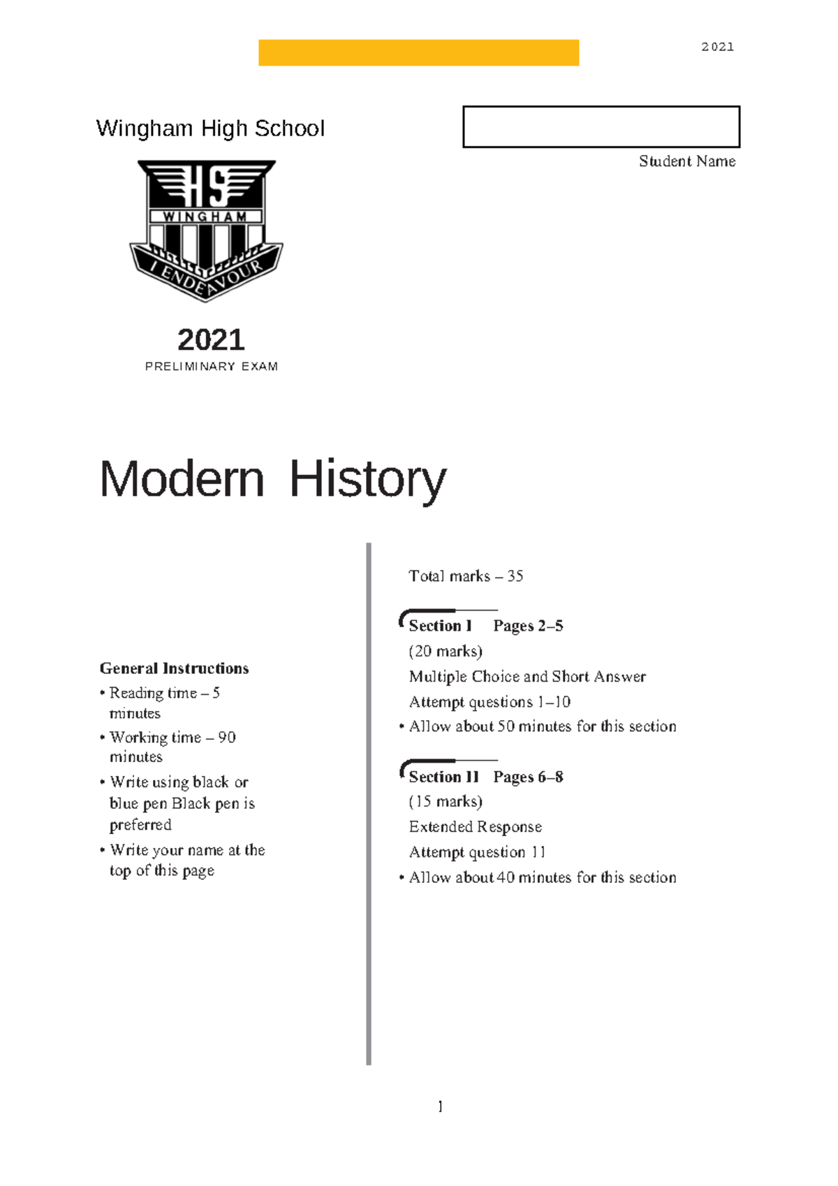 Exam Booklet 2021MHPrelim Exam - Wingham High School 2021 PRELIMINARY ...