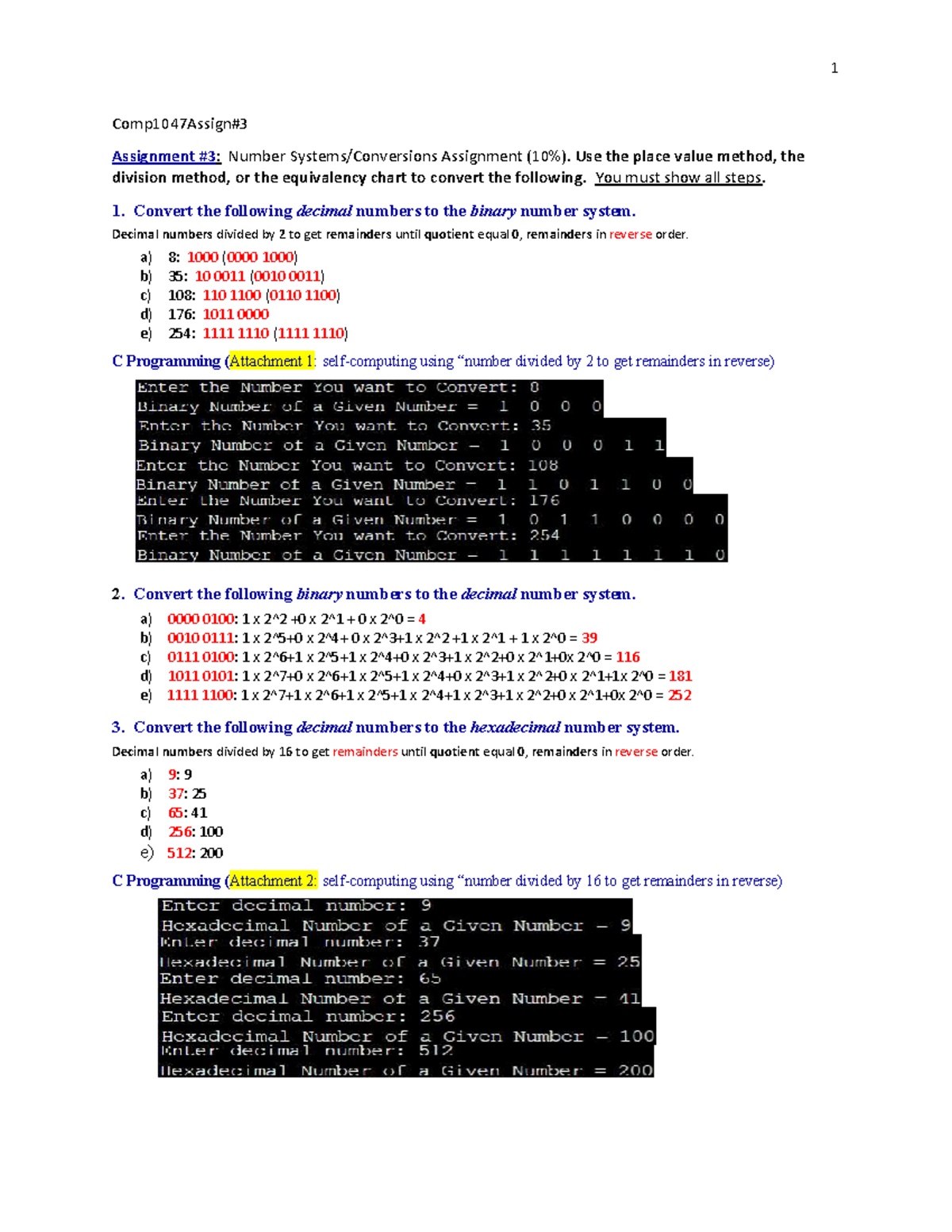 Comp1047#Assign 3 - Convert the following hexadecimal numbers to the ...