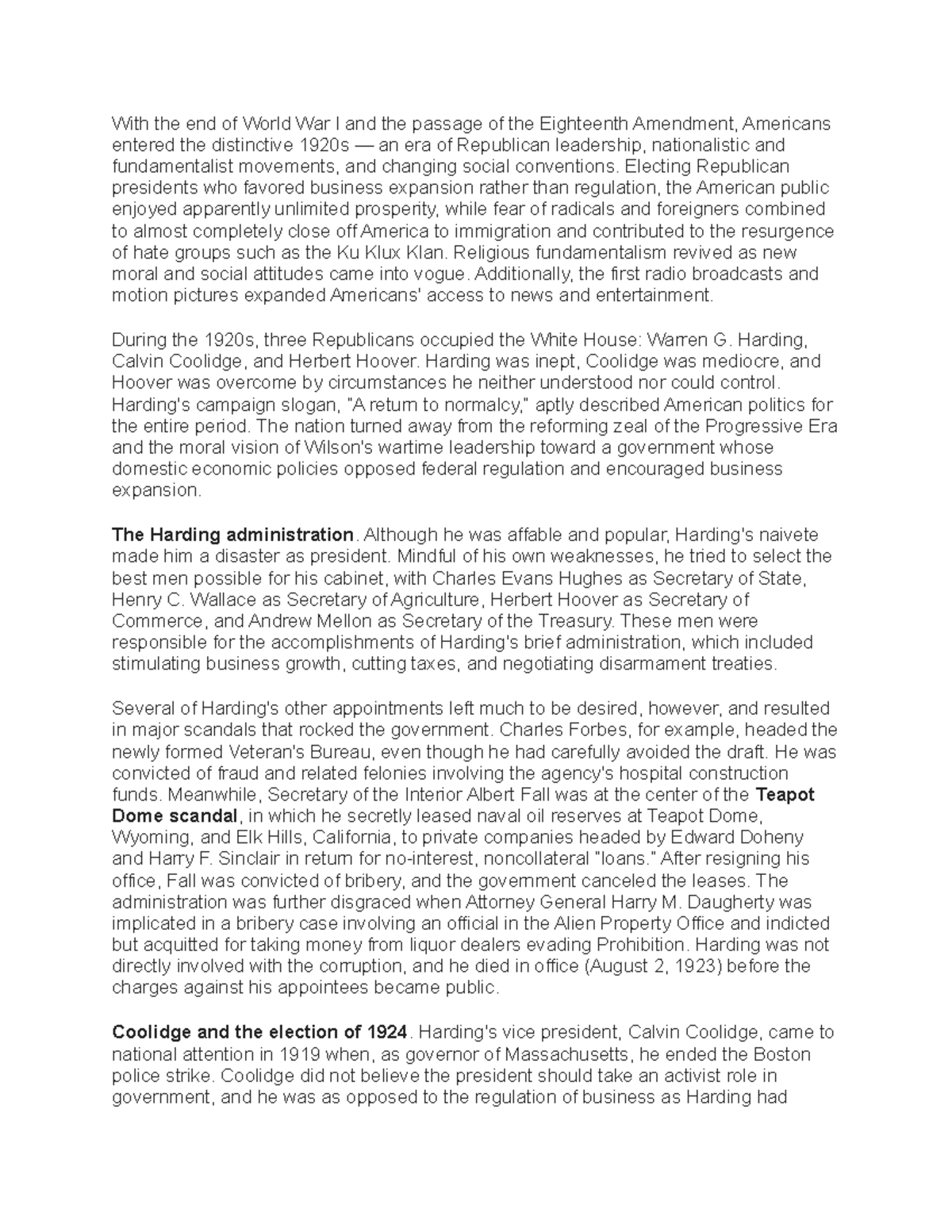 Politics in the 1920s - College History II notes topic. - With the end ...