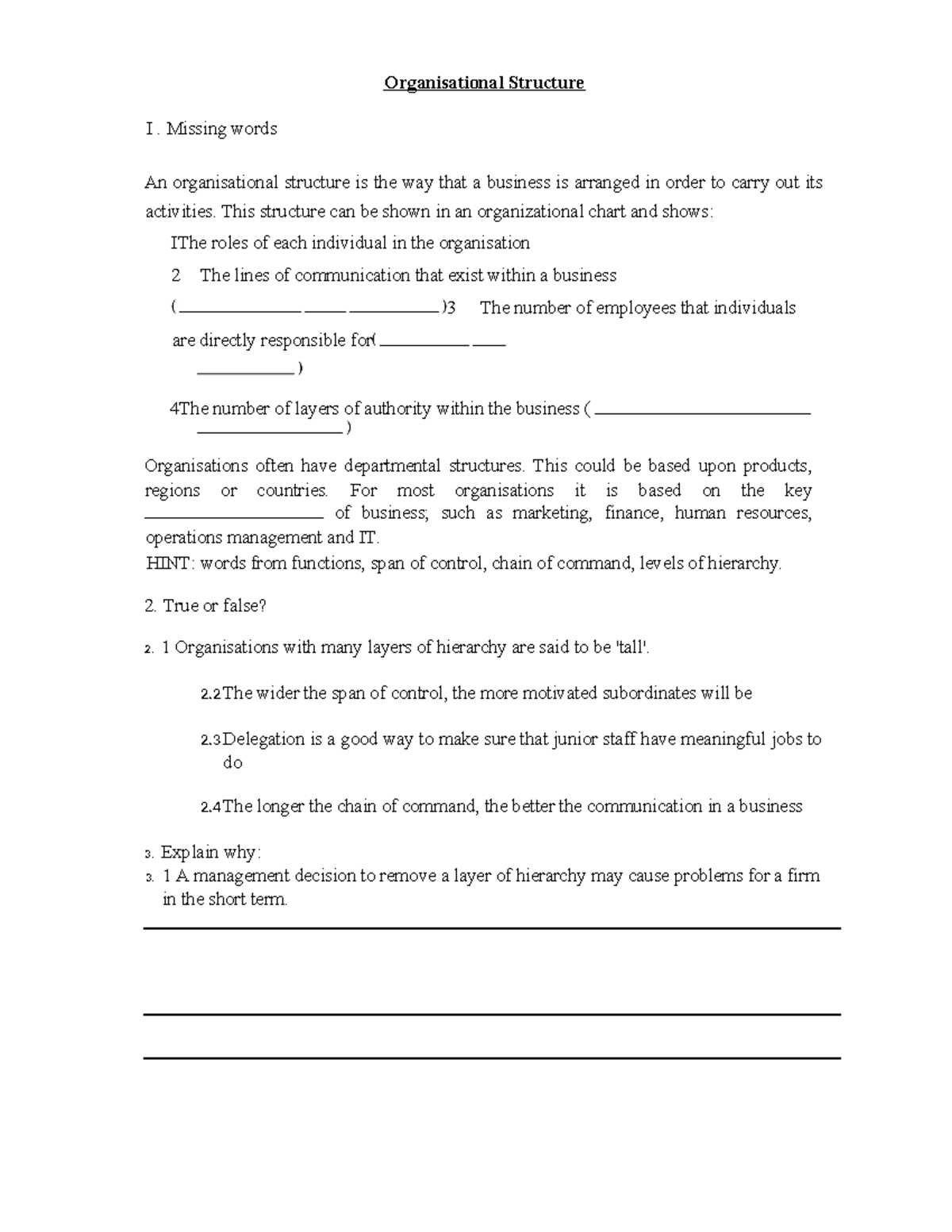 Org Structure Editable Worksheet - Organisational Structure I. Missing ...