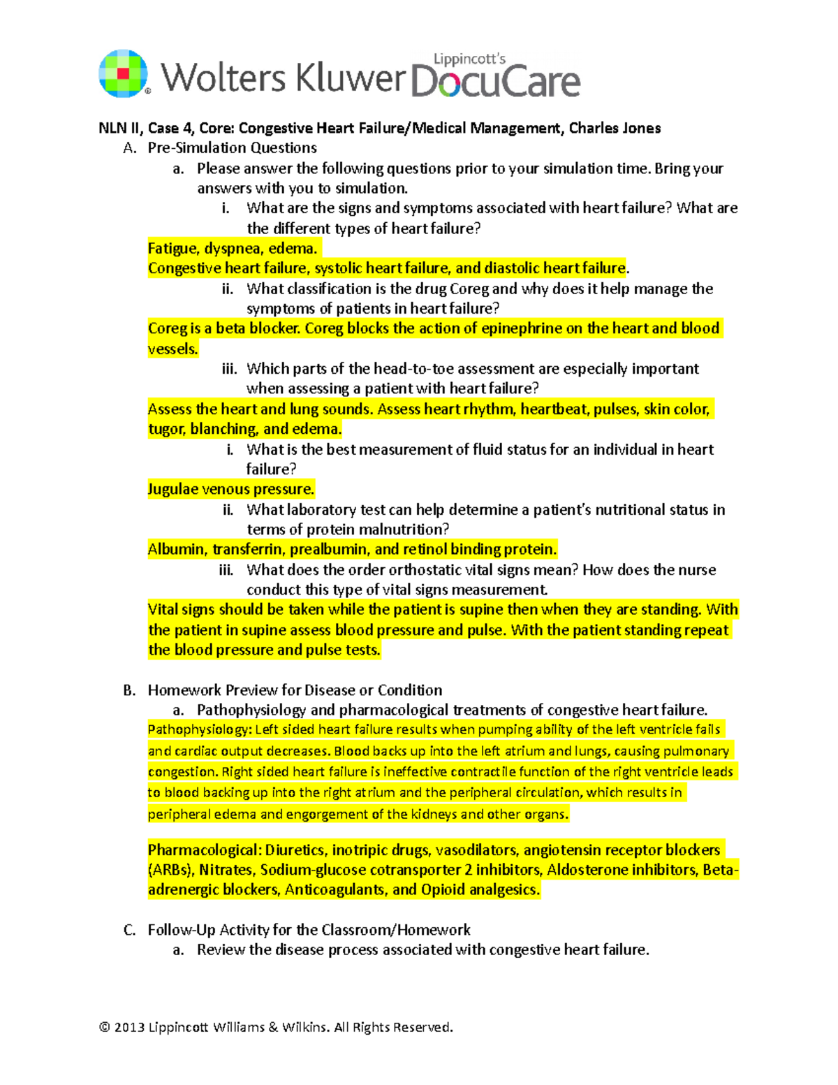 Pre sim a b - pre sim - NLN II, Case 4, Core: Congestive Heart Failure ...