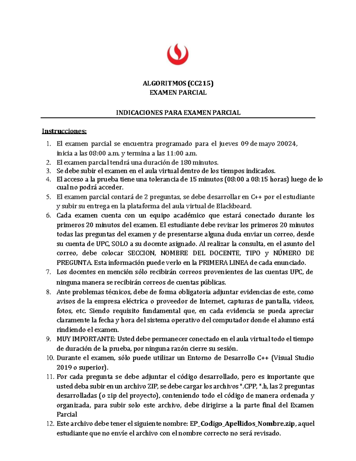 Indicaciones para el Examen Parcial Agoritmos 2024-1 - ALGORITMOS ...