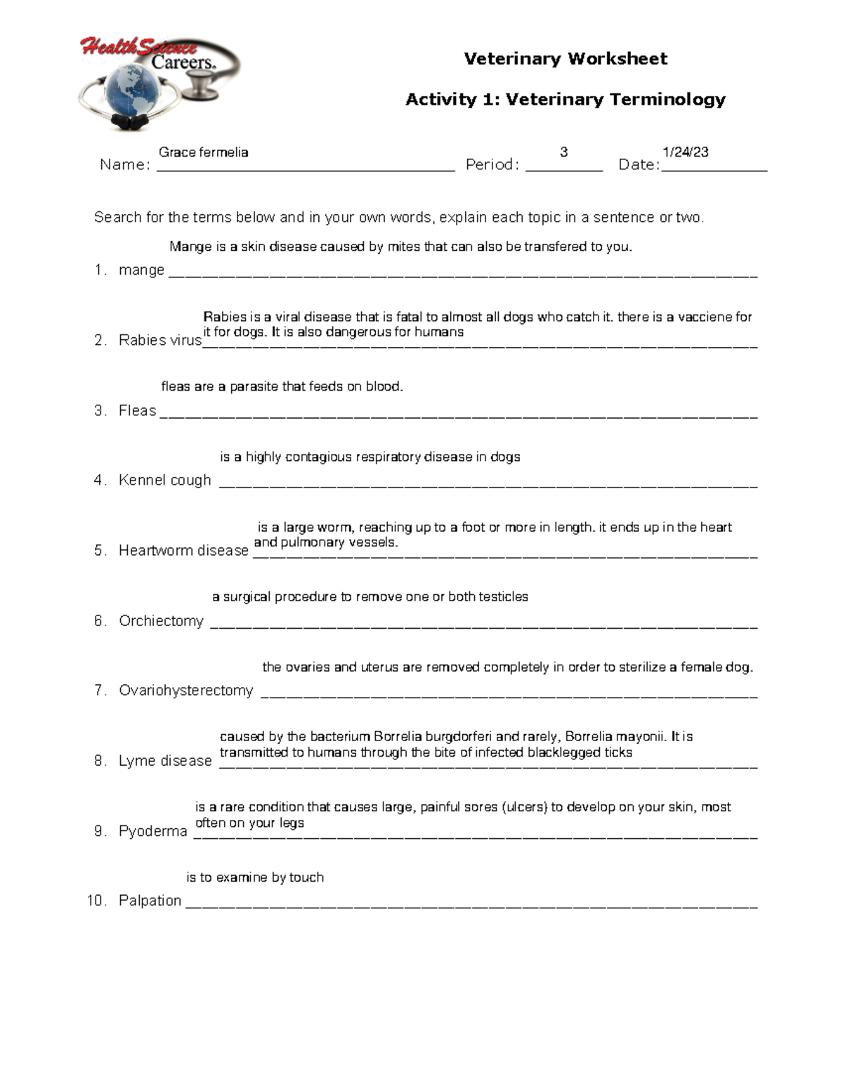 Veterinary Terminology Worksheet - Veterinary Worksheet Activity 1 ...