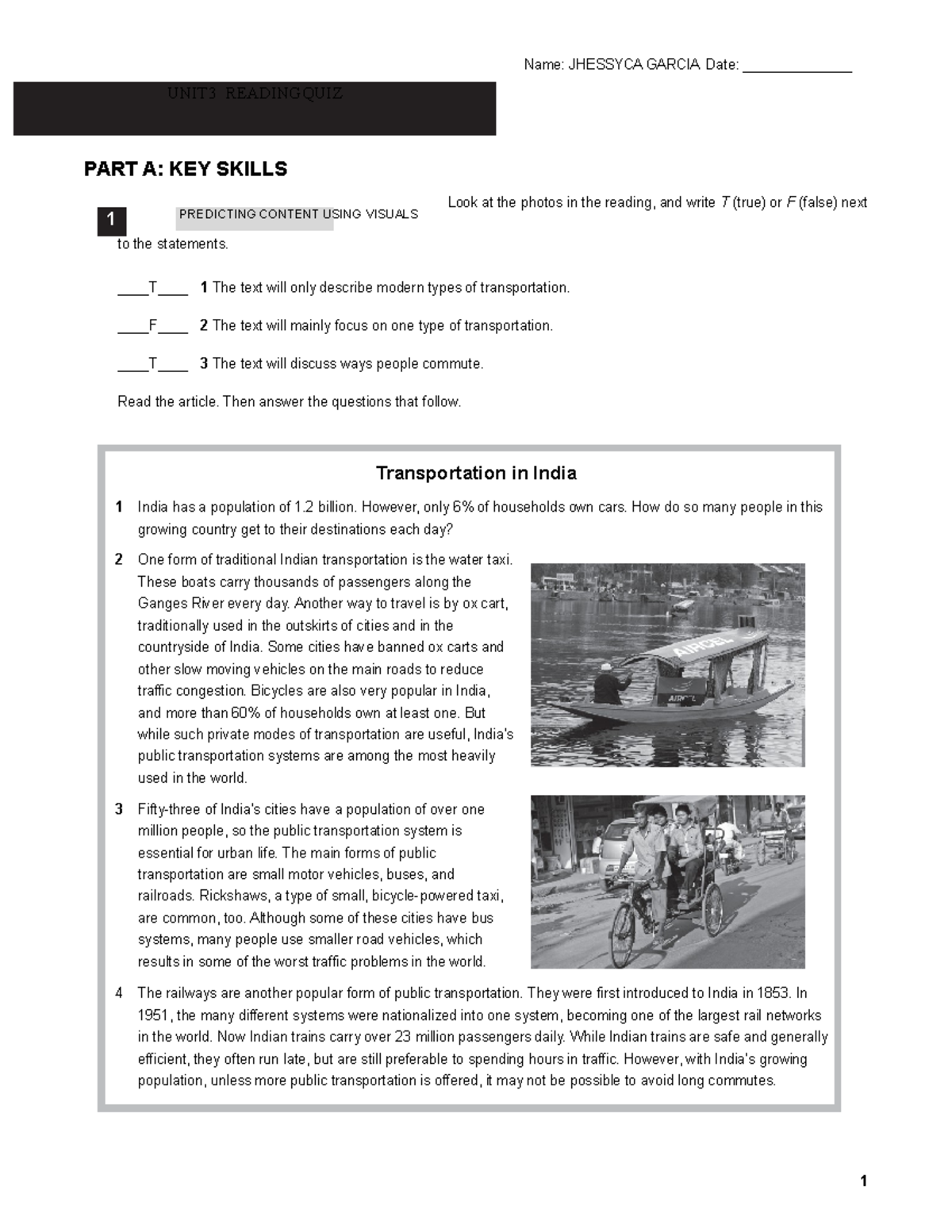 Quiz Test Writing and reading - 1 PREDICTING CONTENT USING VISUALS ...