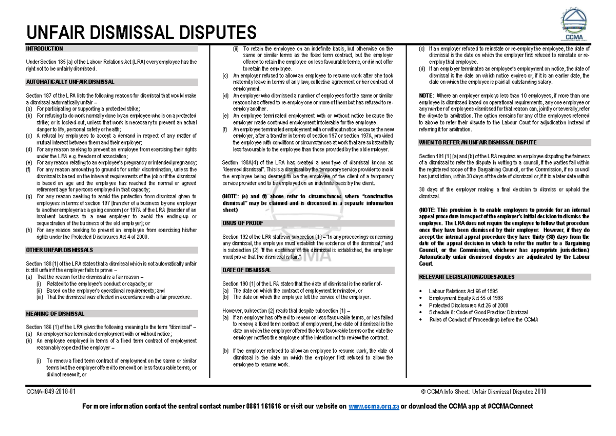 Unfair Dismissal Dispute Info Sheet 2018 01 - UNFAIR DISMISSAL DISPUTES ...