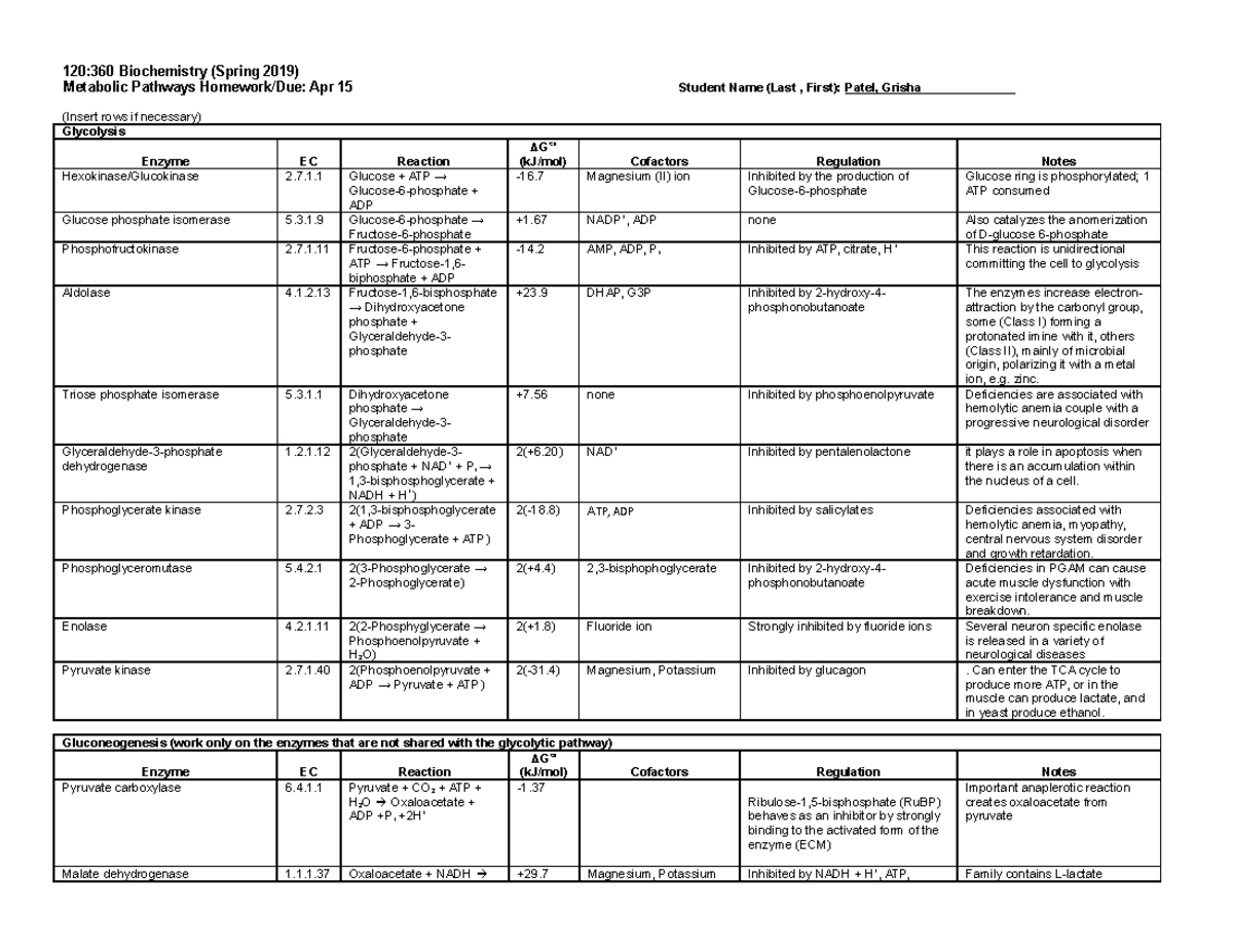 120-360 Metabolic Pathways Homework - 120:360 Biochemistry (Spring 2019 ...