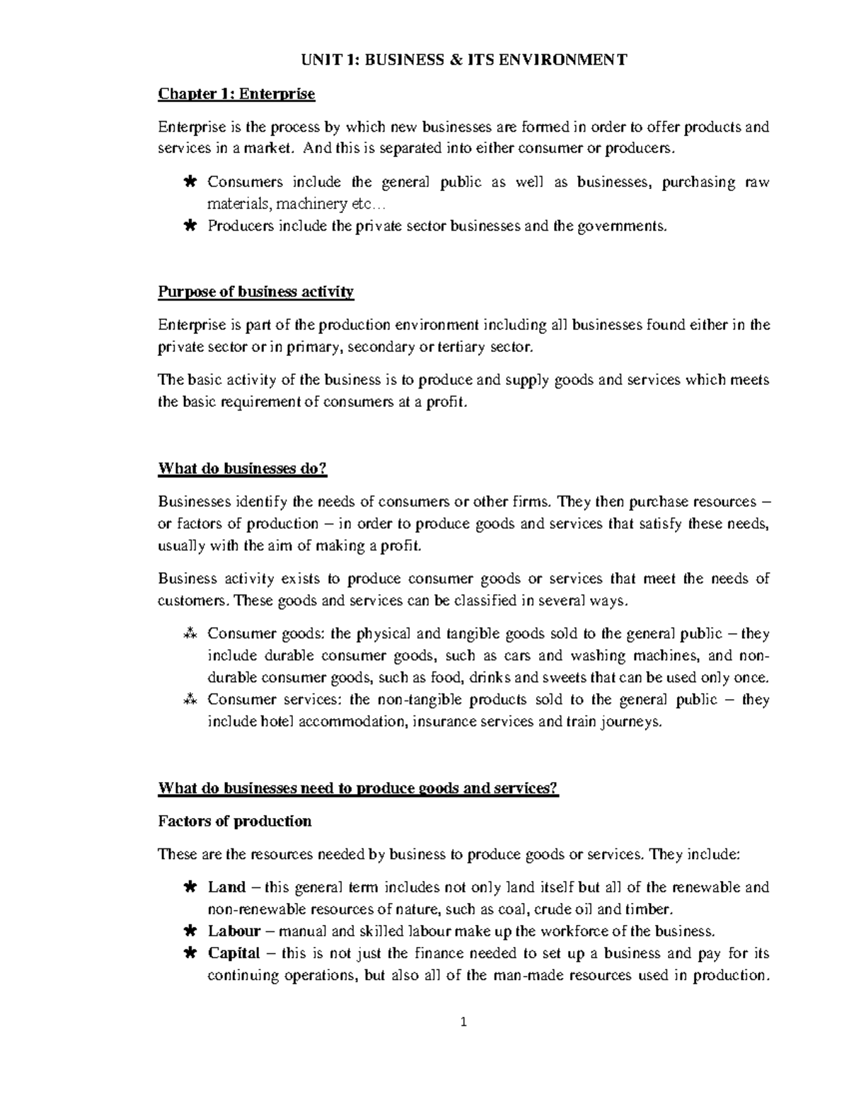 UNIT1 1u it 5 business - UNIT 1: BUSINESS & ITS ENVIRONMENT Chapter 1 ...