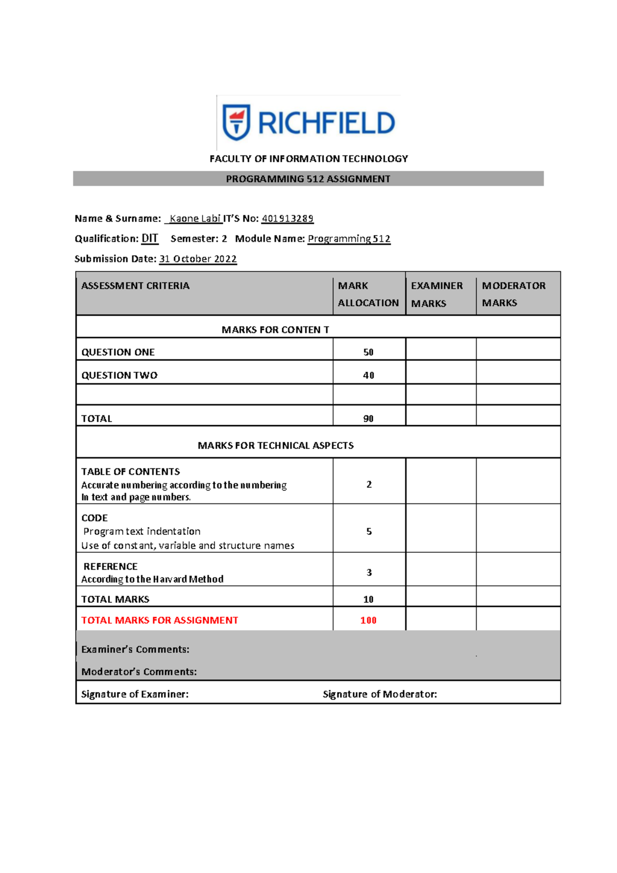 401913289 Kaone LABI Programming 512 - FACULTY OF INFORMATION TECHNOLOGY PROGRAMMING 512 ...