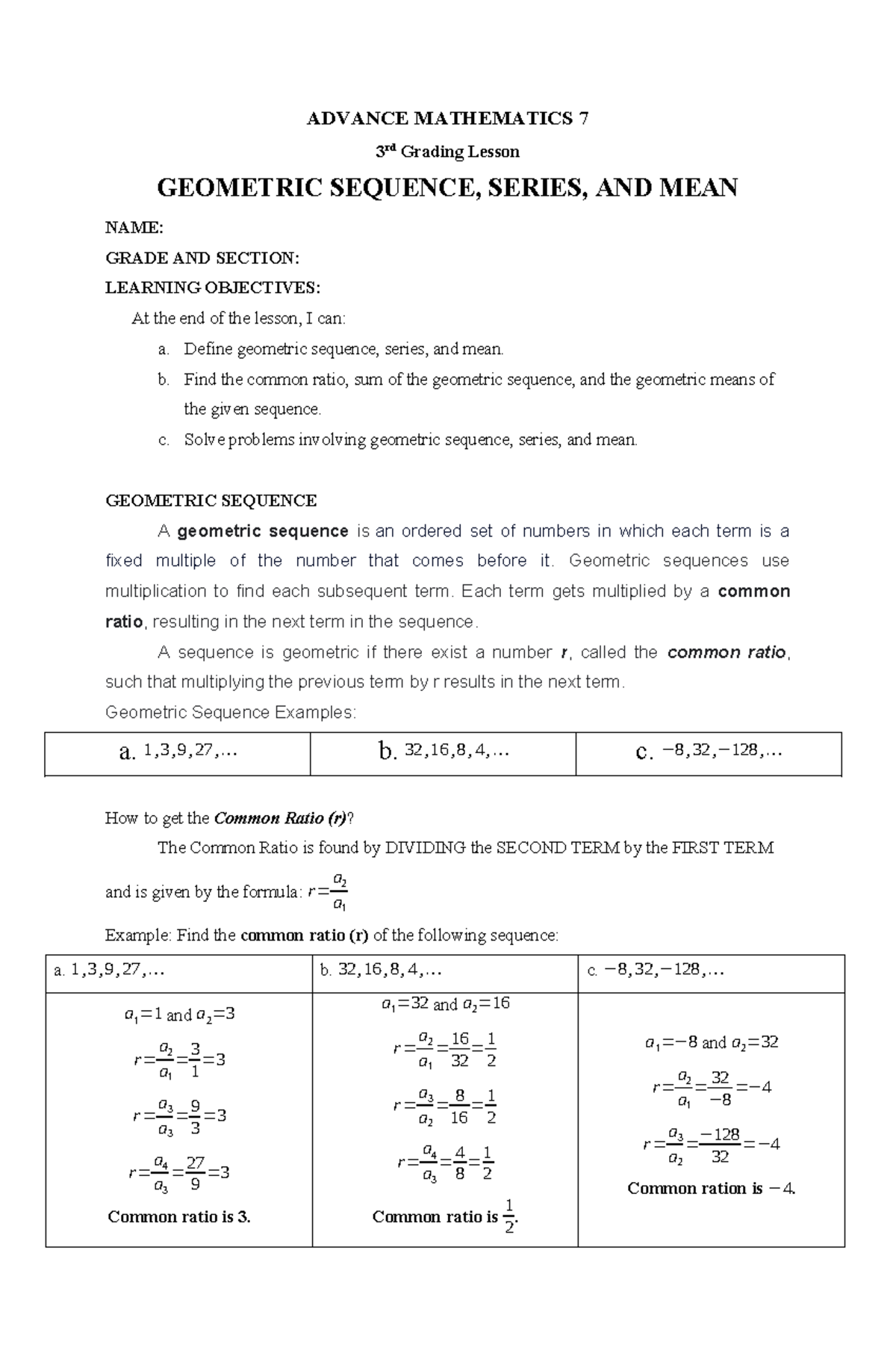 Geometric Seuqence Series and Mean For Students - ADVANCE MATHEMATICS 7 ...