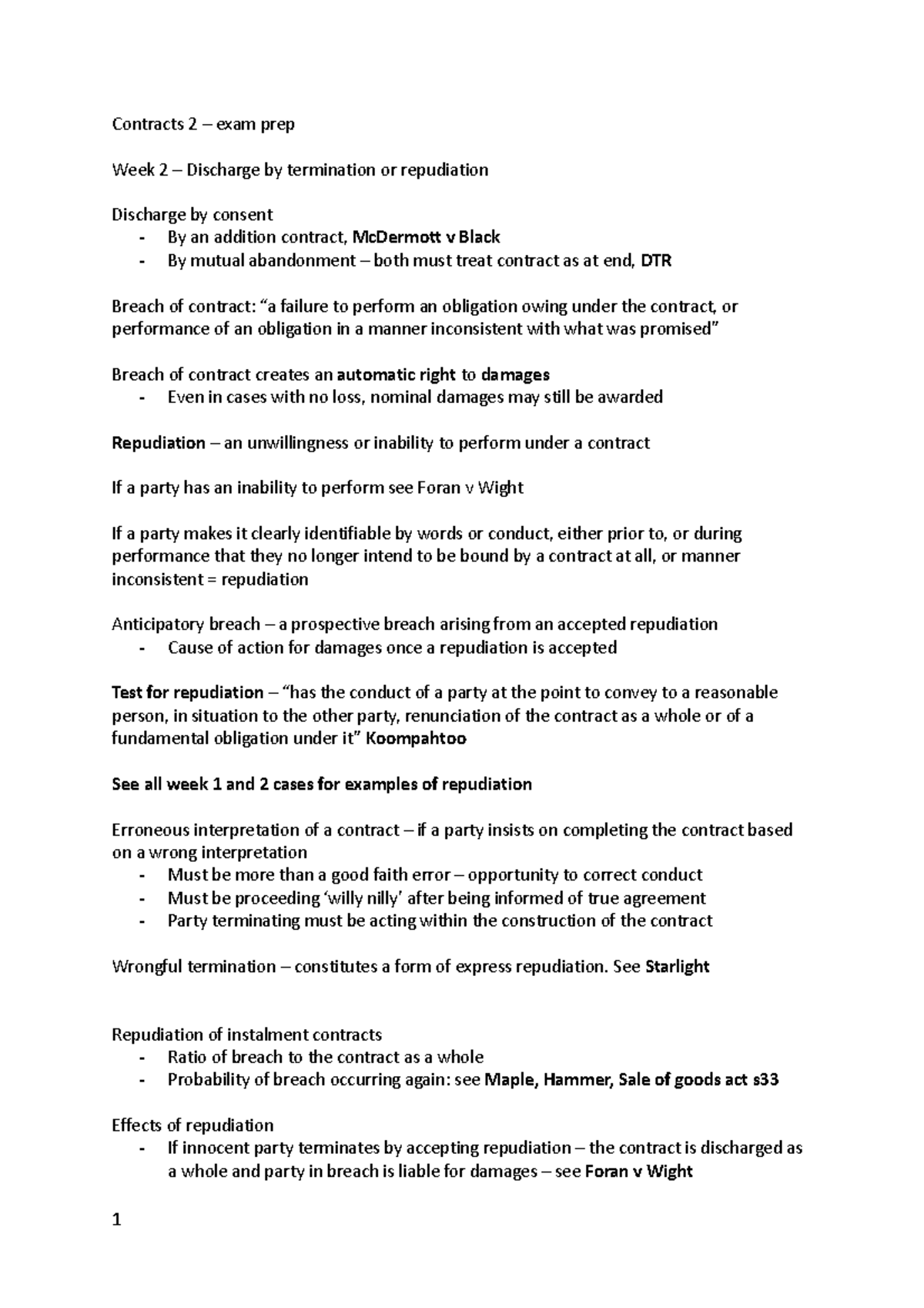 Contracts 2 - notes - Contracts 2 – exam prep Week 2 – Discharge by ...